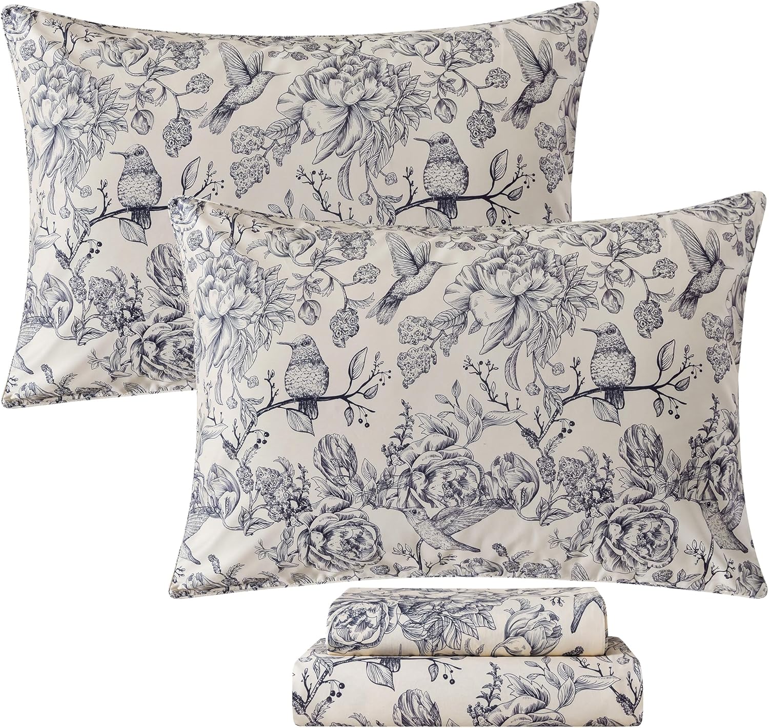 Amazon.com: FADFAY Bird Sheets Set 100% Cotton Vintage Blue and Beige ...