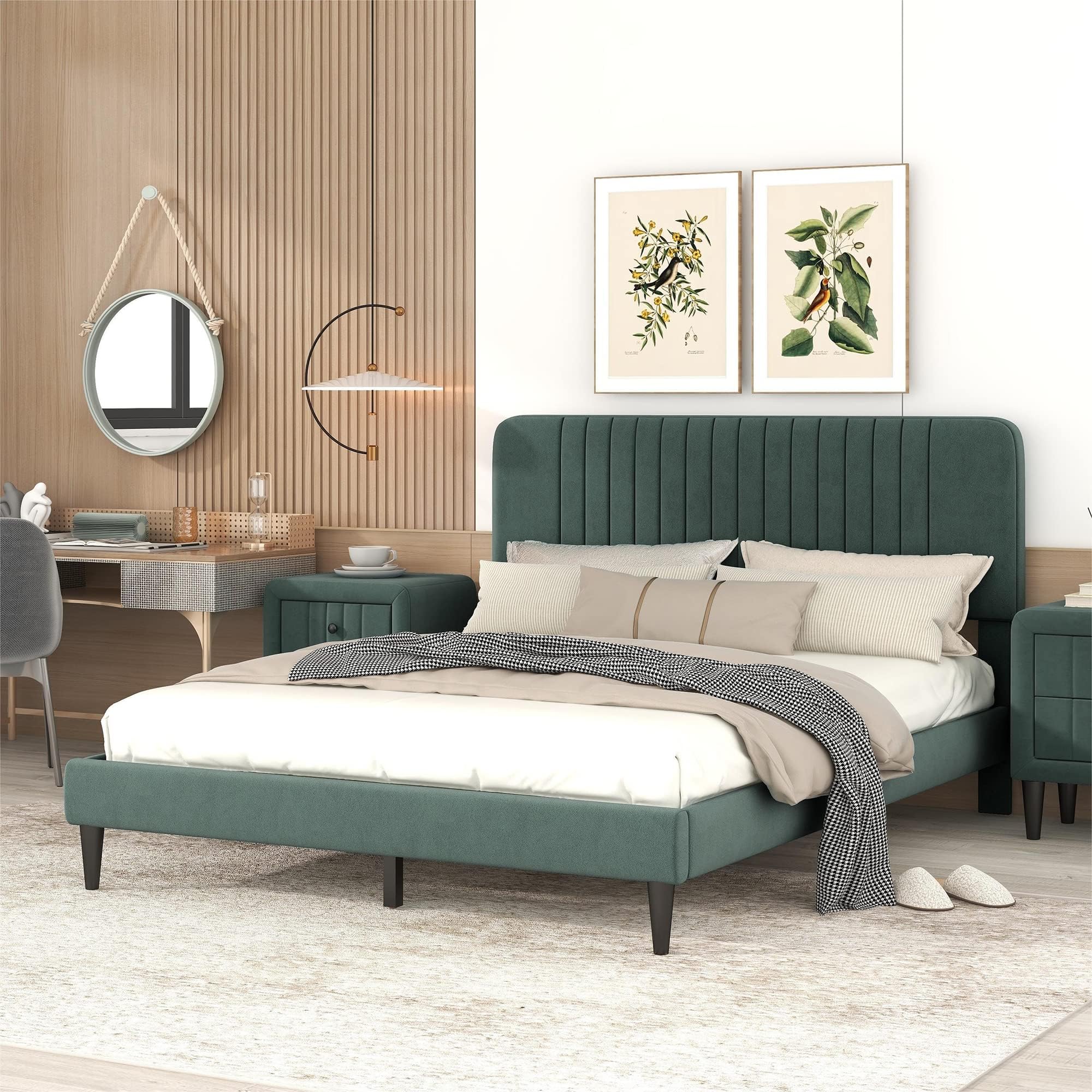 Amazon.com: Merax Modern Queen Upholstered Platform Bed Frame with ...