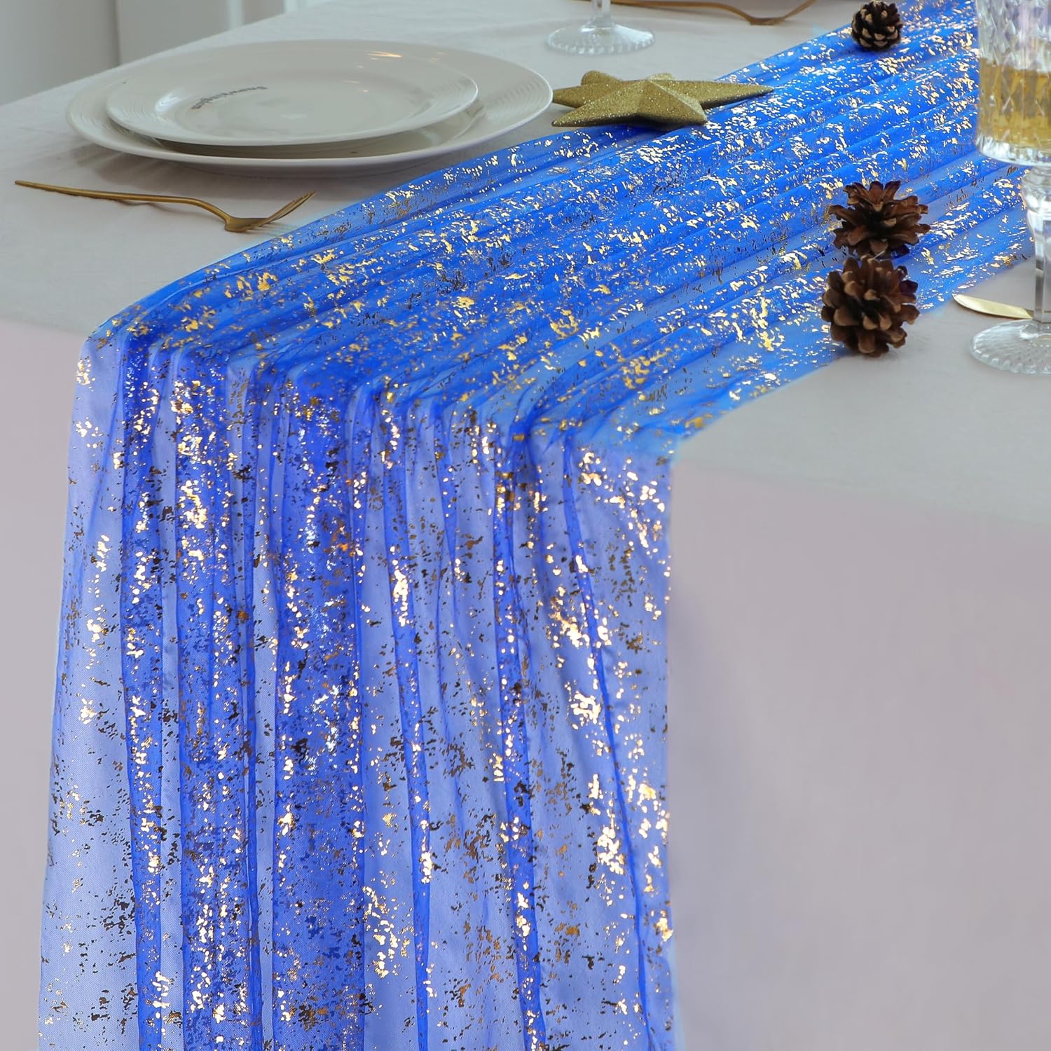 Amazon.com: Snowkingdom Royal Blue Gold Table Runner 10 FT 120 Inch ...