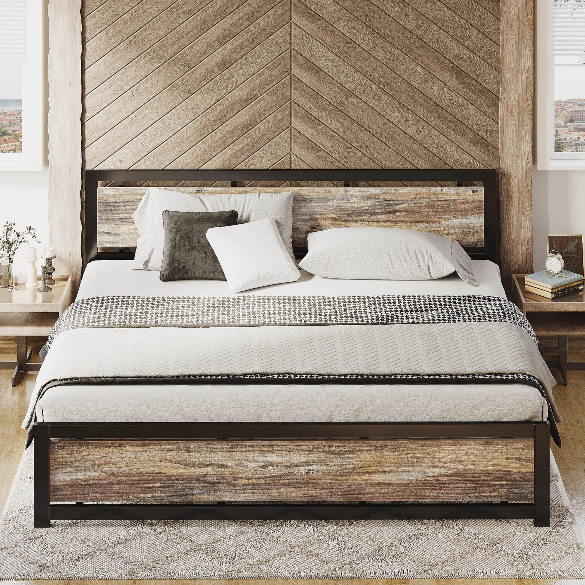 Amazon.com: NNOOTK King Size Bed Frame, Rustic Vintage Platform Bed ...