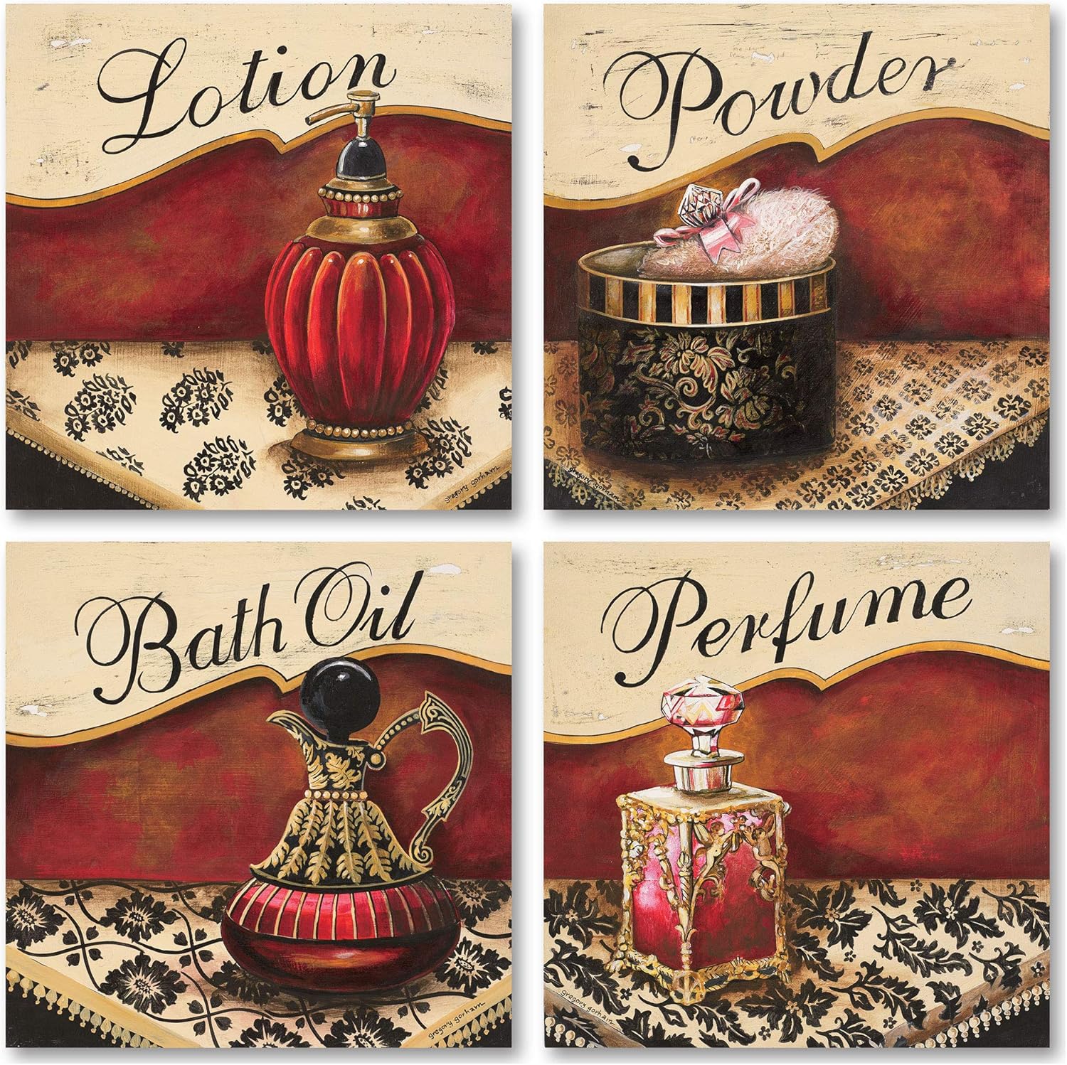 Amazon.com: Vintage Red and Gold Perfume Bath Oil Lotion Powder Set; 4 ...