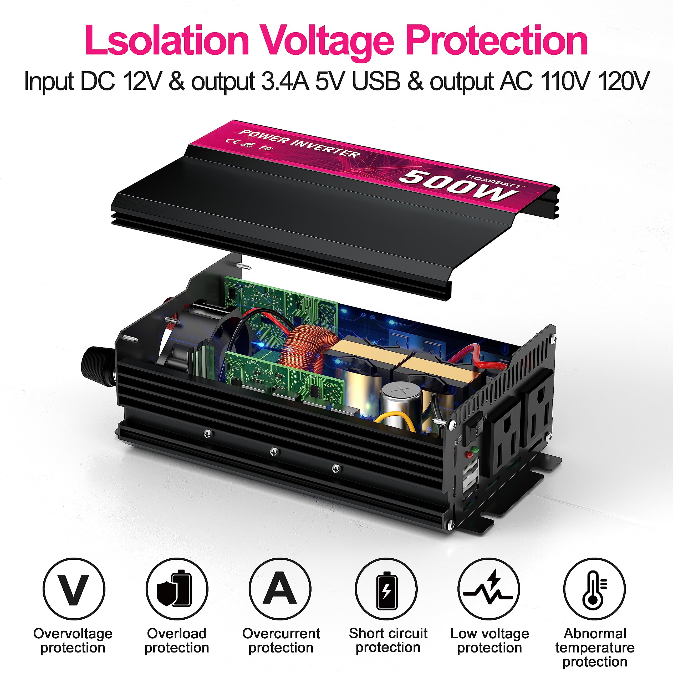 500W Power Inverter,12V DC to AC 110 120V,Peak 1000W Portable Car ...