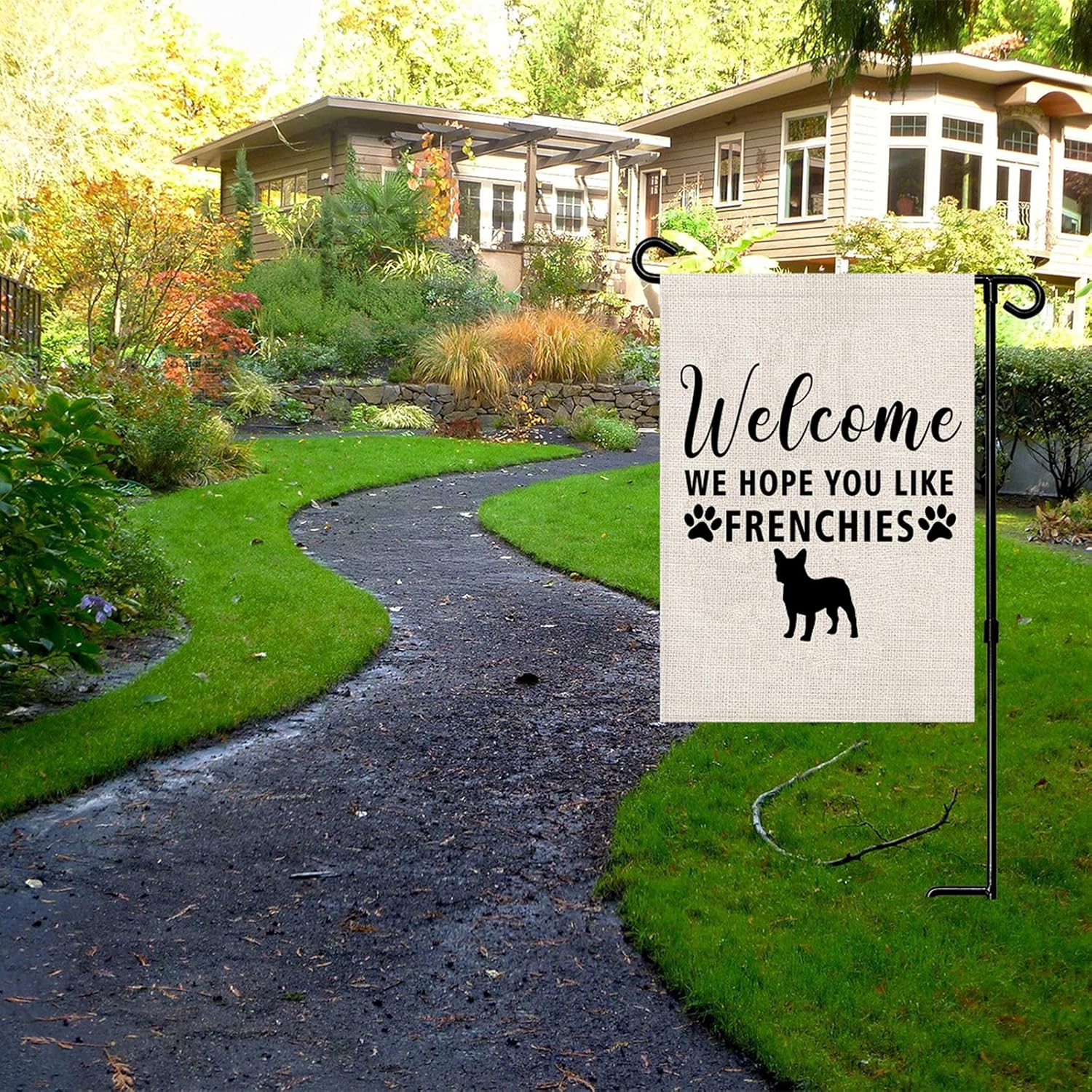 PWHAOO Bandera de jardín de Frenchie con texto en inglés «Welcome We ...