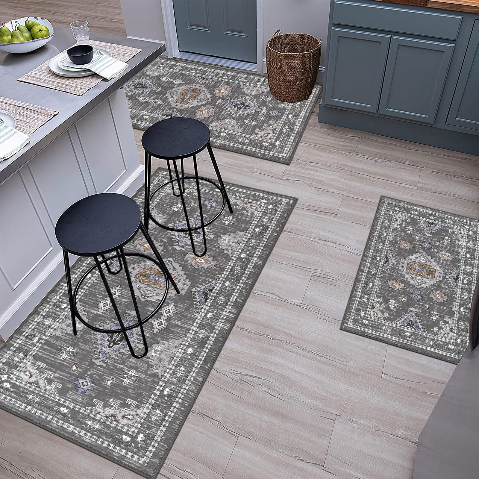 Ileading Vintage Kitchen Rug Sets 3 Piece with Runner Grey Kitchen ...