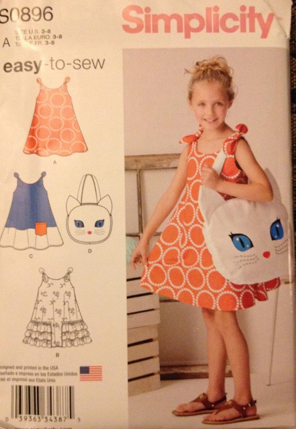 Amazon.com: Simplicity Pattern S0896 Girls Sun Dress and Cat Bag Size 3 ...
