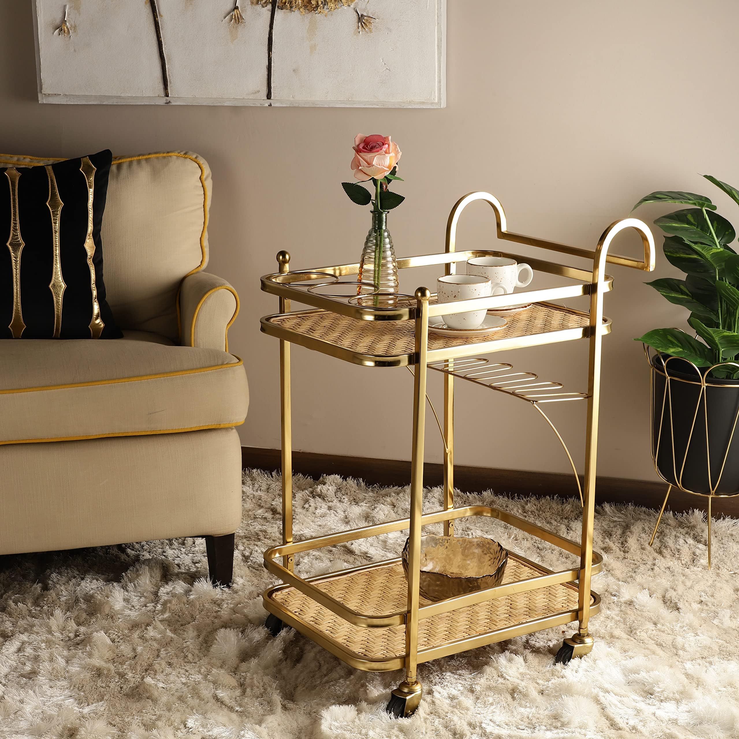 2-Tier Golden Serving Trolley with Wheel : Amazon.in: Home & Kitchen