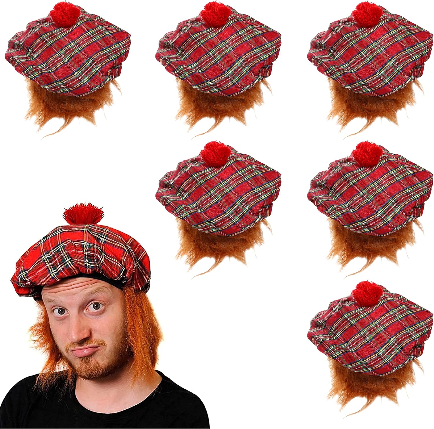 Scottish Tam O Shanter Hat - Pack of 6 - Red Tartan Hat with Attached ...