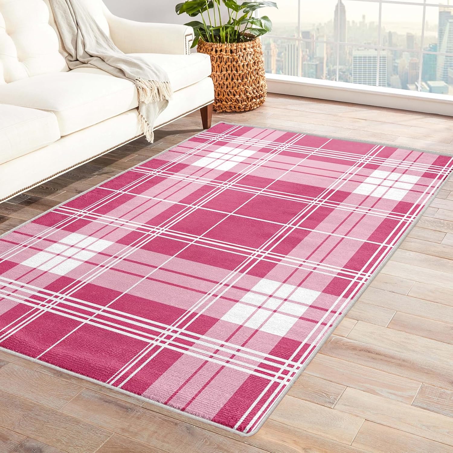 Amazon.com: Washable Rugs 2x3 Pink and White Gingham Rug & Home Decor ...