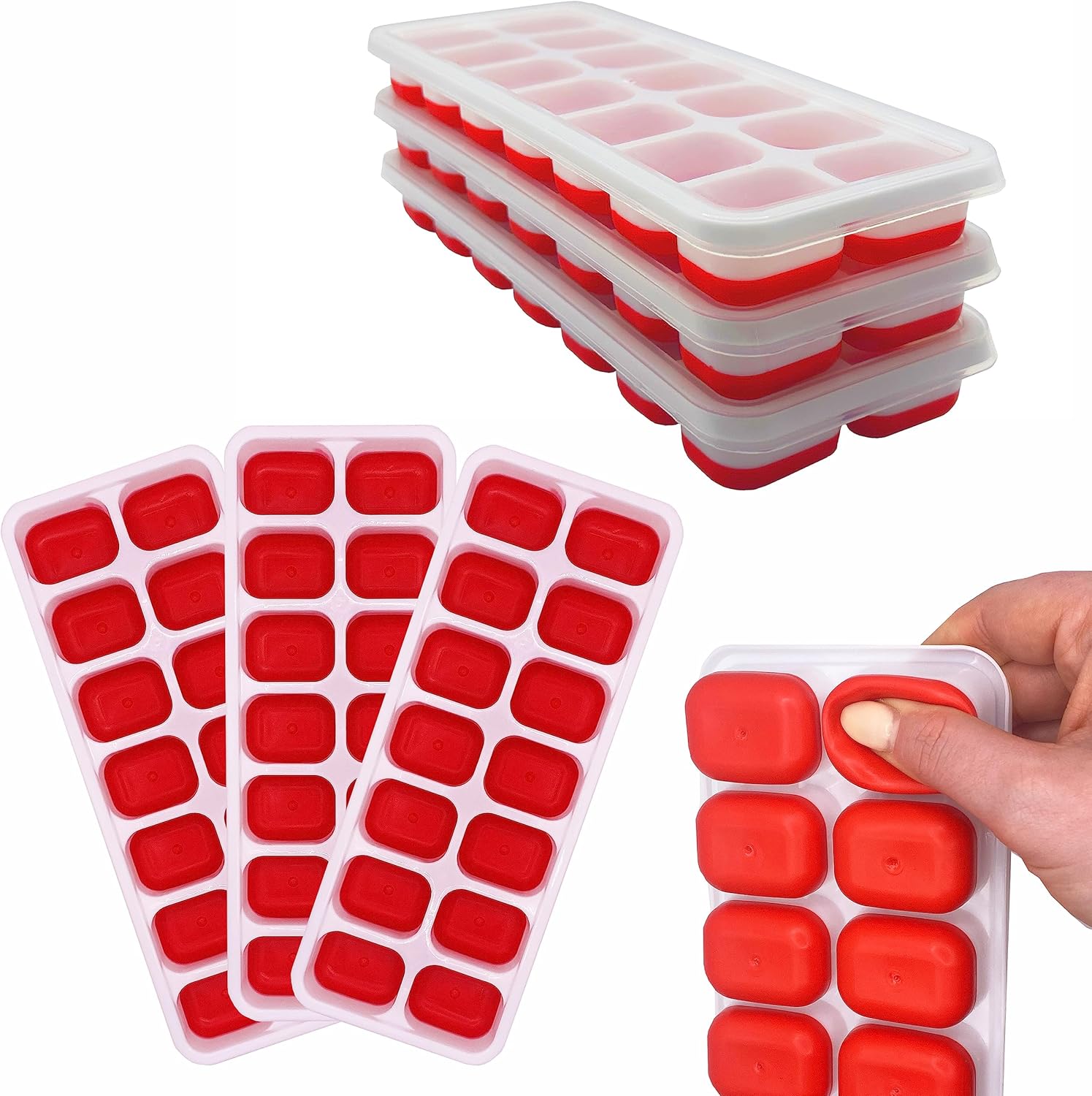 3pk Silicone Ice Cube Trays with Non-Spill Lids, Easy to Remove Ice ...
