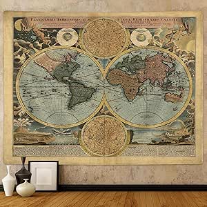 Amazon.com - PAOPOED Vintage World Map Tapestry Wall Hanging, Old World ...