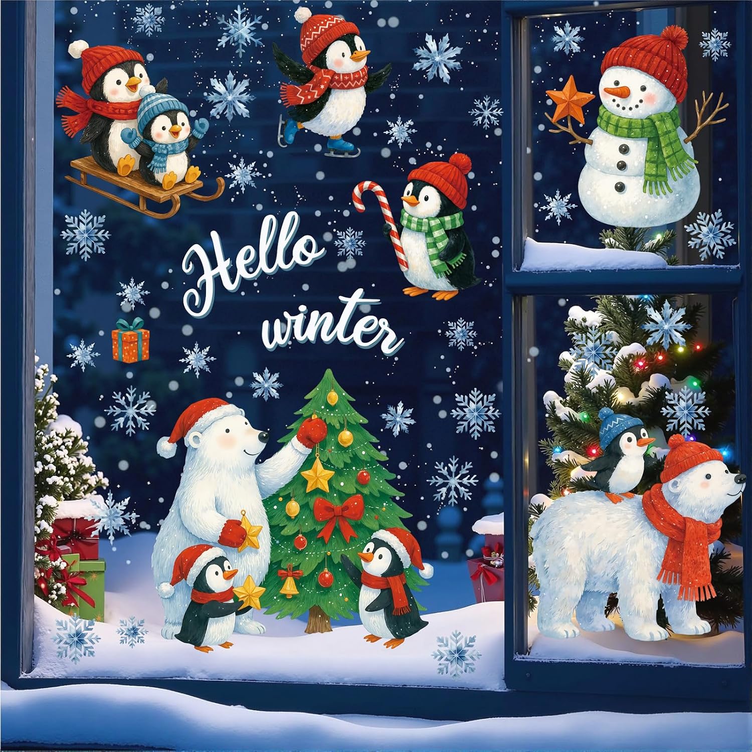 Amazon.com: Celestdeco Hello Winter Window Cling,White Christmas Trees ...