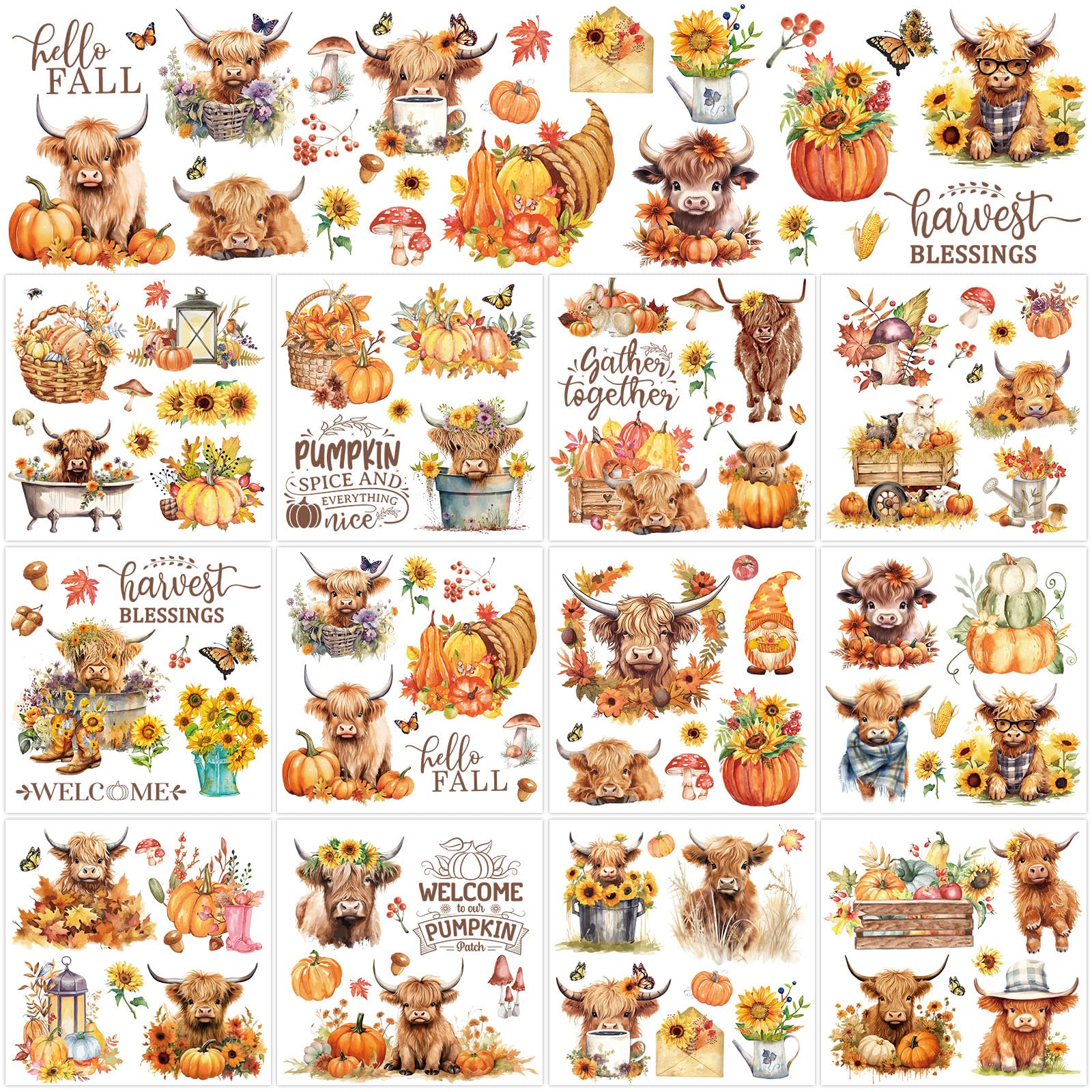 Amazon.com: Whaline 12 Sheet Fall Highland Cow Rub on Transfers Rustic ...