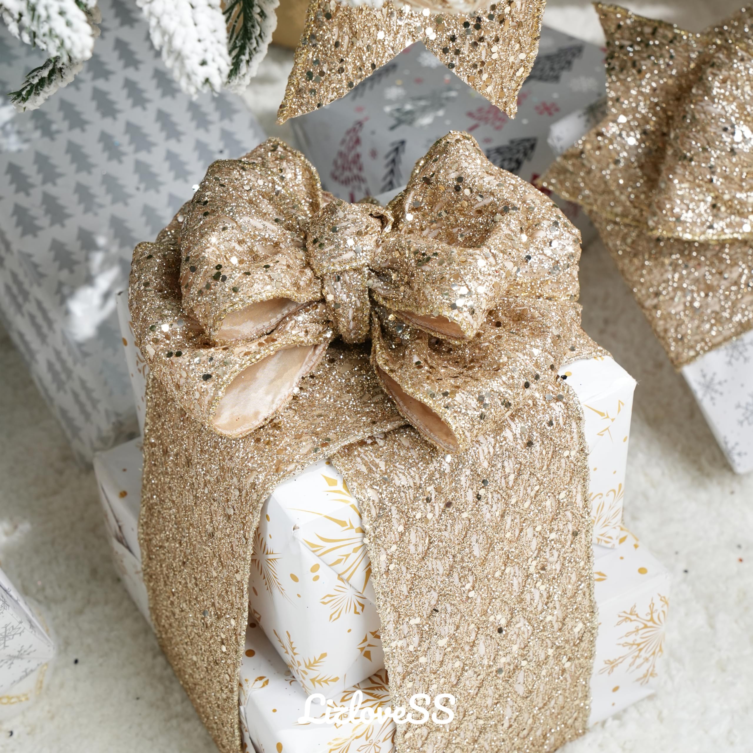Snapklik.com : LIZLOVESS Champagne Christmas Ribbon 4" Glitter Mesh ...