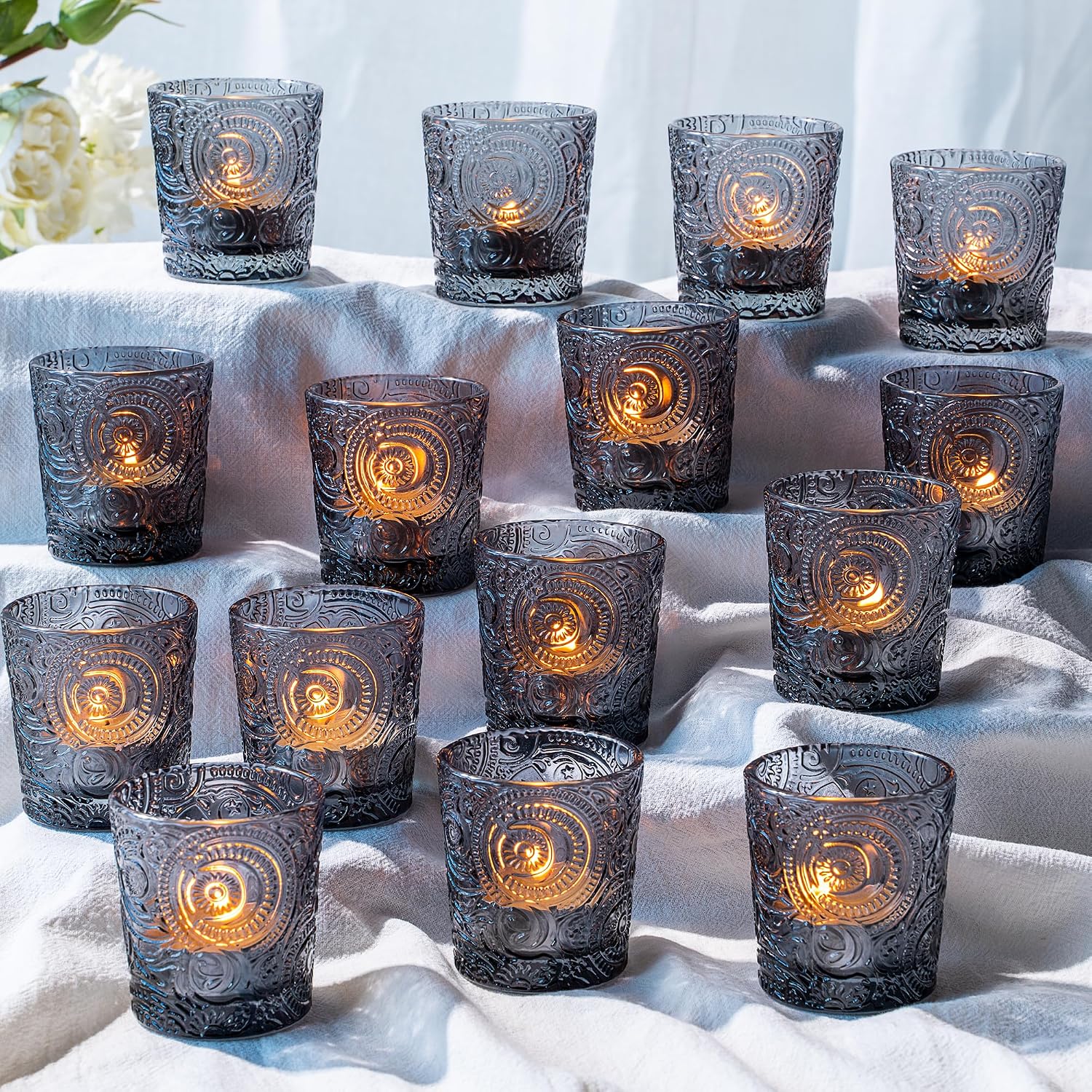 Amazon.com: 6 Pack Gray Sun Moon Star Embossed Glass Tea Light Candle ...