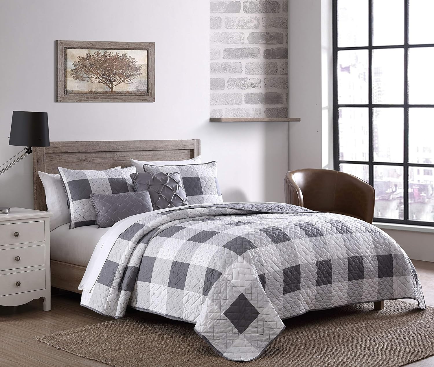 Amazon.com: Addison Home Buffalo Plaid 4pc Gray and White Quilt Set ...