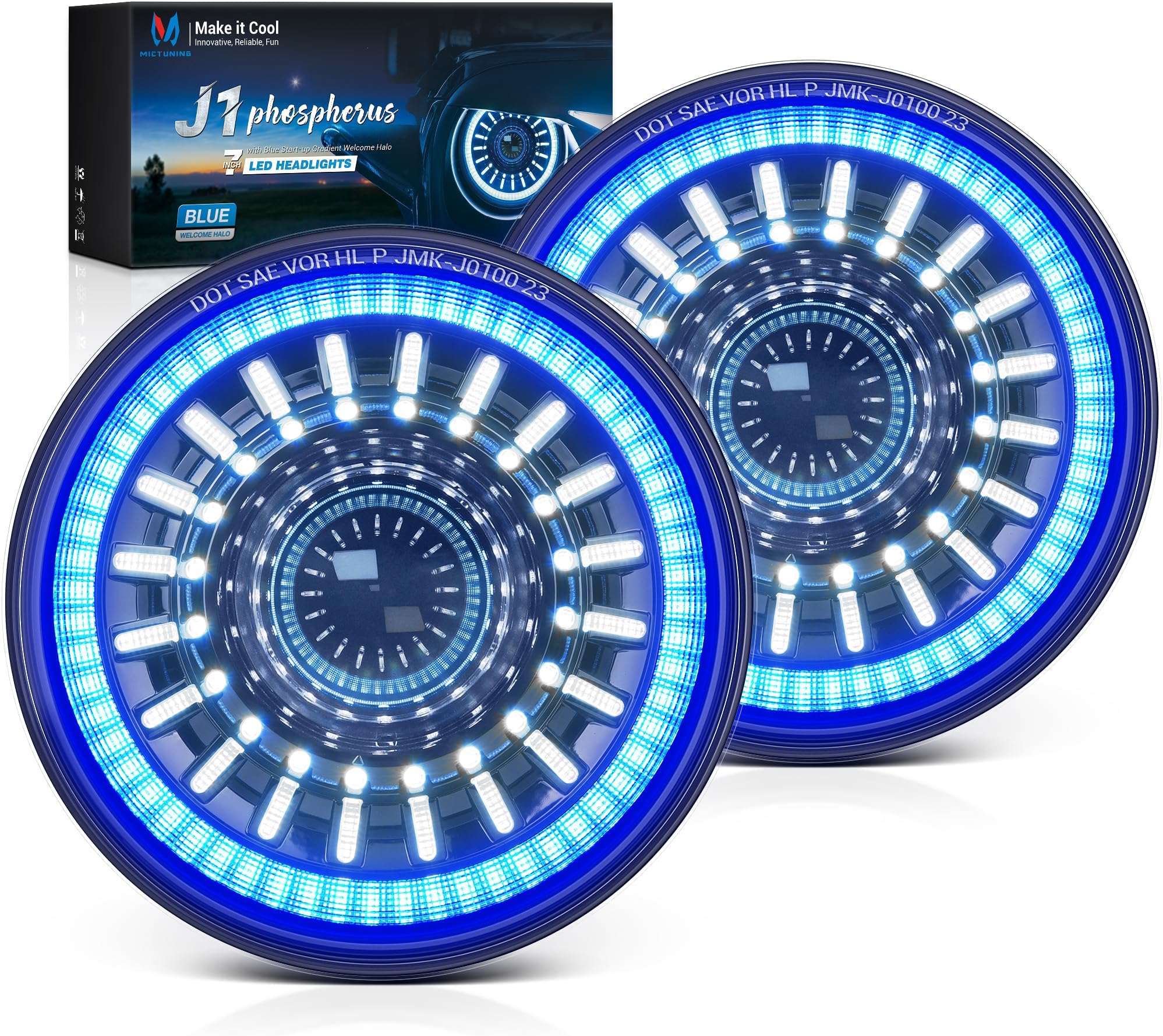 Amazon.com: MICTUNING J1 New 7-inch LED Headlights with Blue Welcome Halo Ring, DOT Approved ...