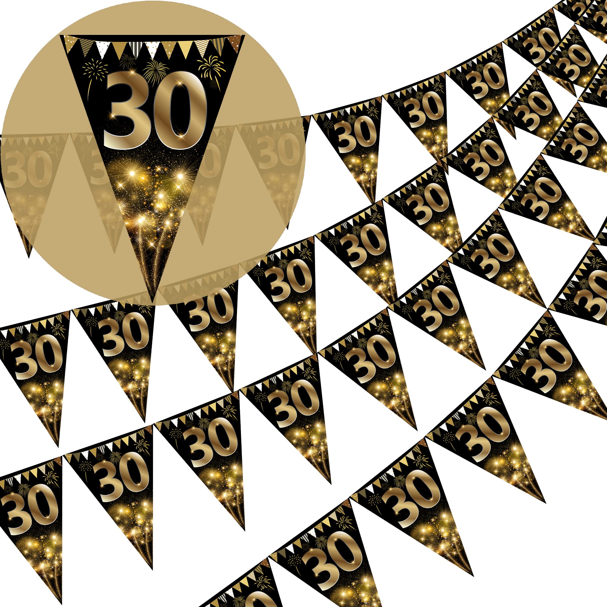 40Pcs Happy 30th Birthday Banner Bunting Flags Gold and Black Glitter ...