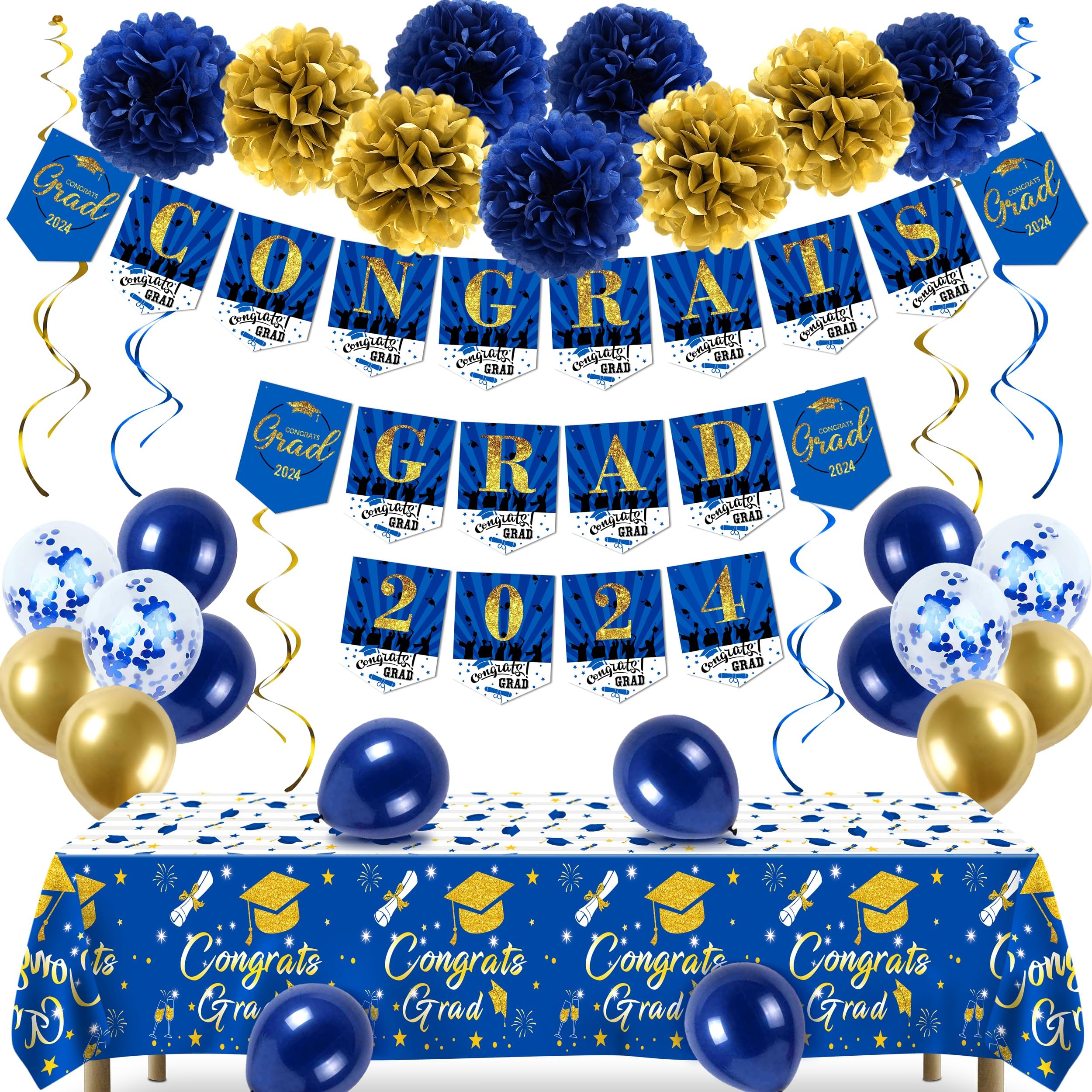 Amazon.com: Navy-Blue White-Gold Graduation Party Decorations-39pcs ...