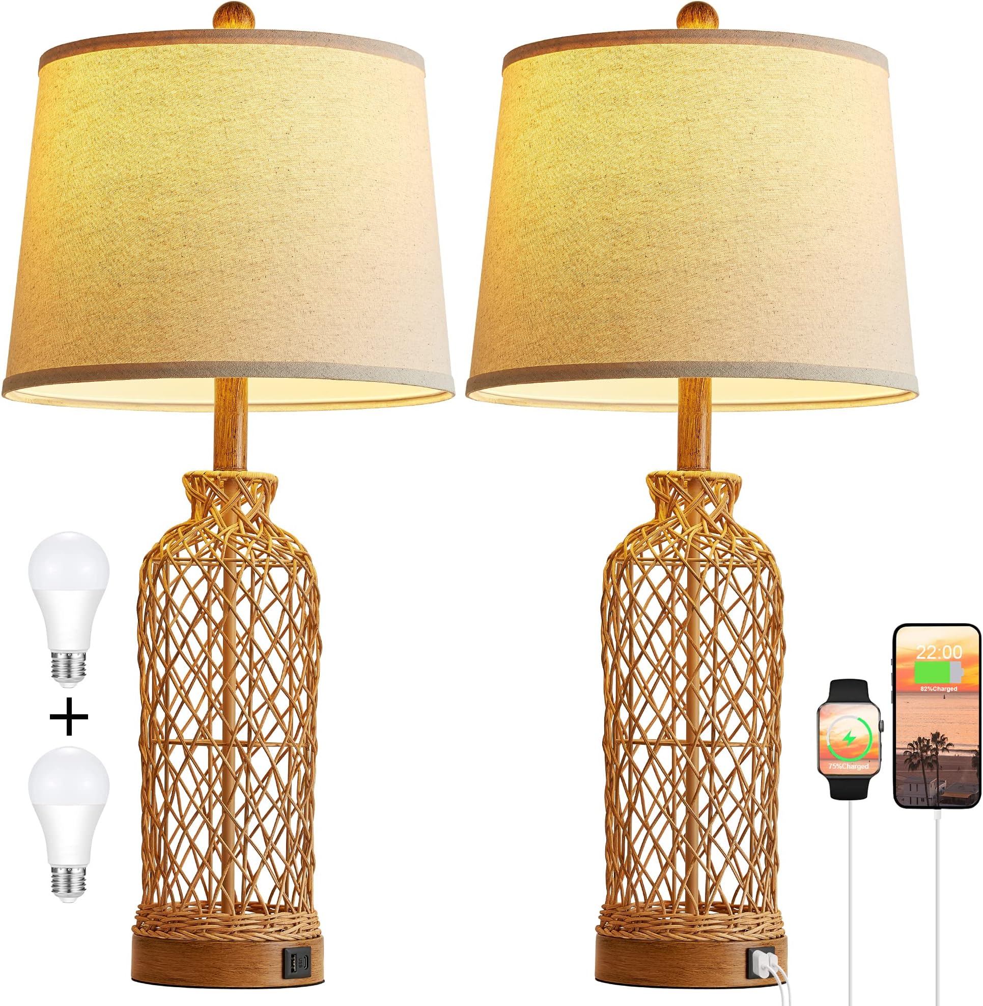 BZZMMB Rattan Table Lamps for Bedroom Set of 2, 3 Way Dimmable Bedside ...