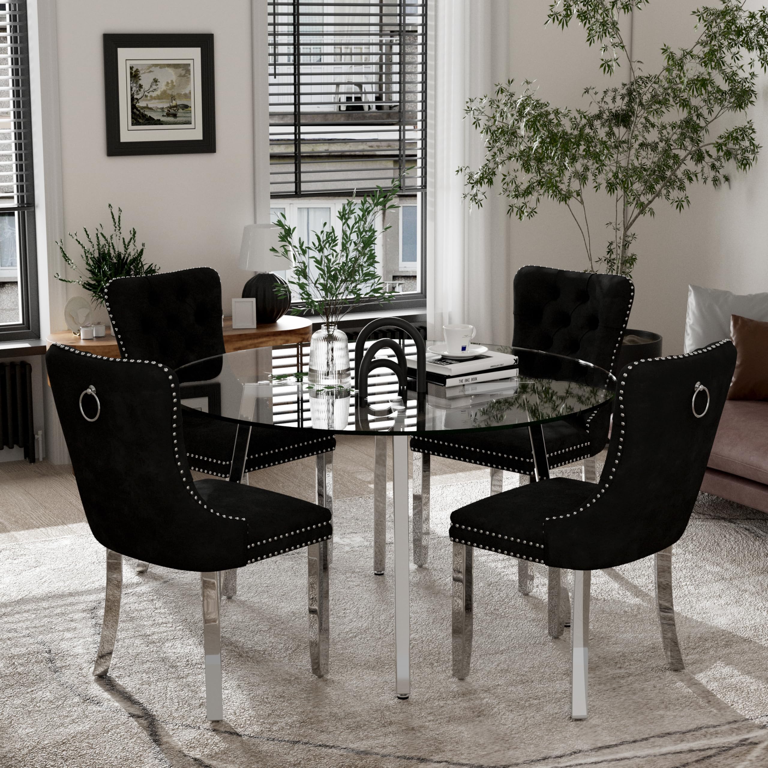 Amazon.com - HAIZAO Modern Silver Round Glass Dining Table Set for 4 ...
