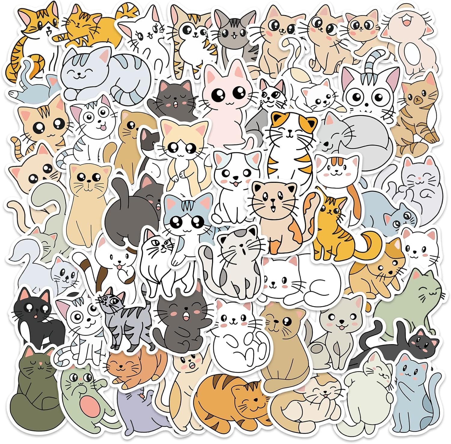 60Pcs Cute Cat Stickers, Cartoon Cat Vinyl Stickers Decals for Laptop ...