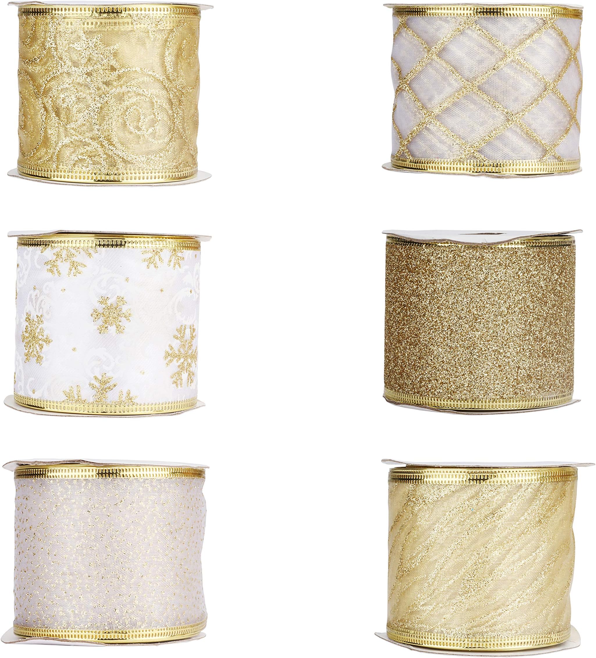 BELLE VOUS Christmas Ribbon (6 Pack) - 5.5 M x 63mm Wide Wired Gold ...