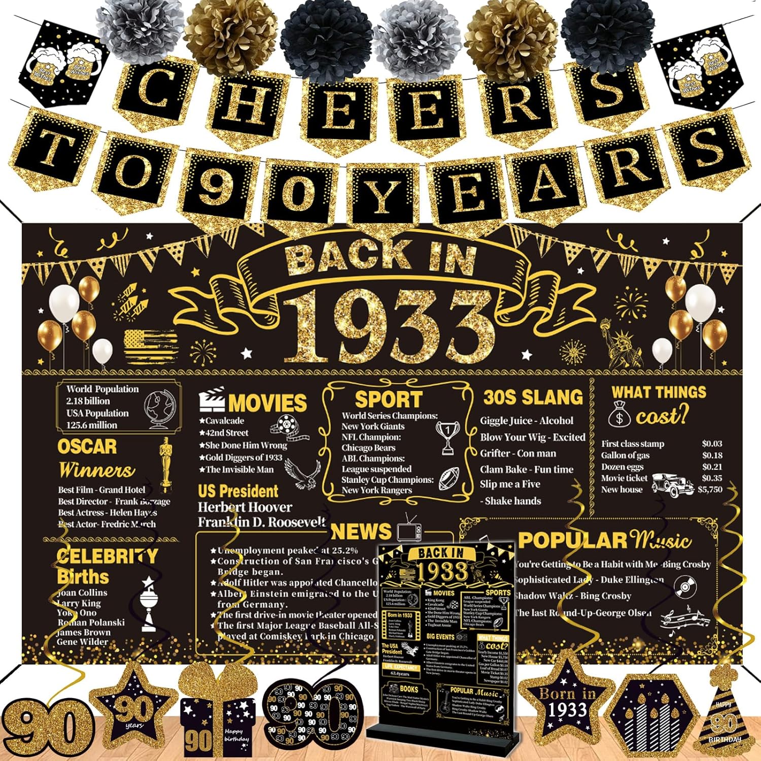 Amazon.com: 90th Birthday Decorations for Men Women,16PCS Back in 1933 ...