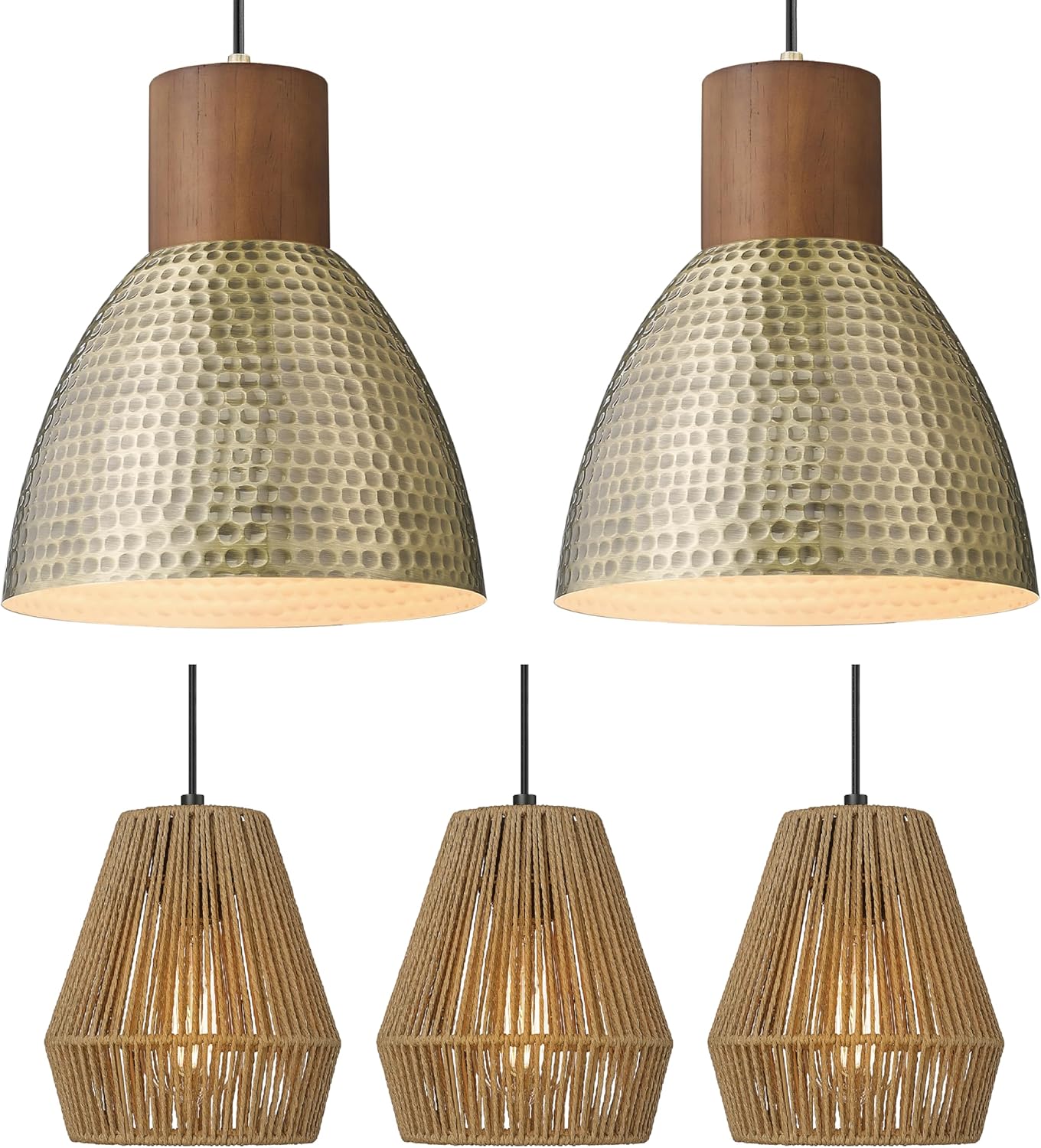 ELYONA 2 Pack Rubber Wood Hanging Lamp with Hammered Metal Shade & 3 ...