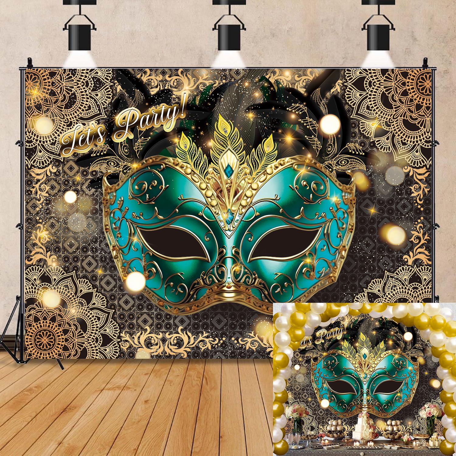 Masquerade Ball Backdrop Mardi Gras Carnival Glitter Gold Green ...