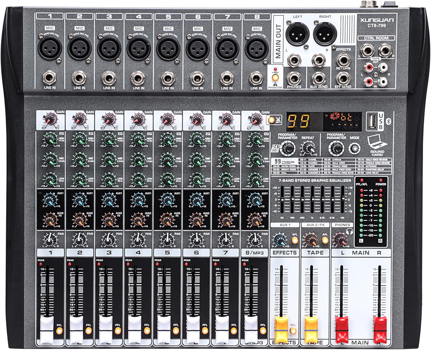 Amazon.com: CT8-799 99dsp,8-channel Professional Audio Mixer DJ Mixer ...
