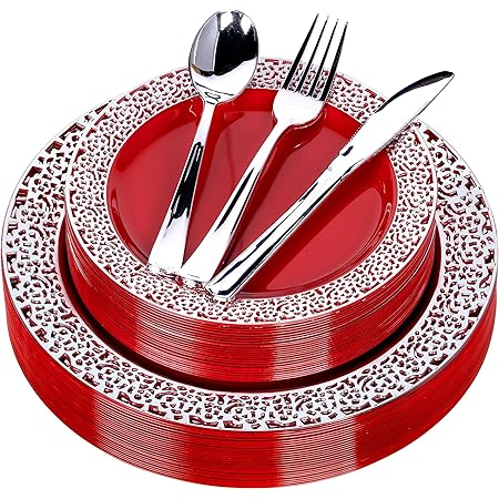 Amazon.com: FOMOICA Red Plastic Dinner Plates and Red Gold Silverware ...