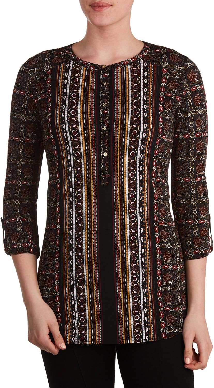 Split Back Henley Tunic FushiaStripeGeo S at Amazon Women’s Clothing store