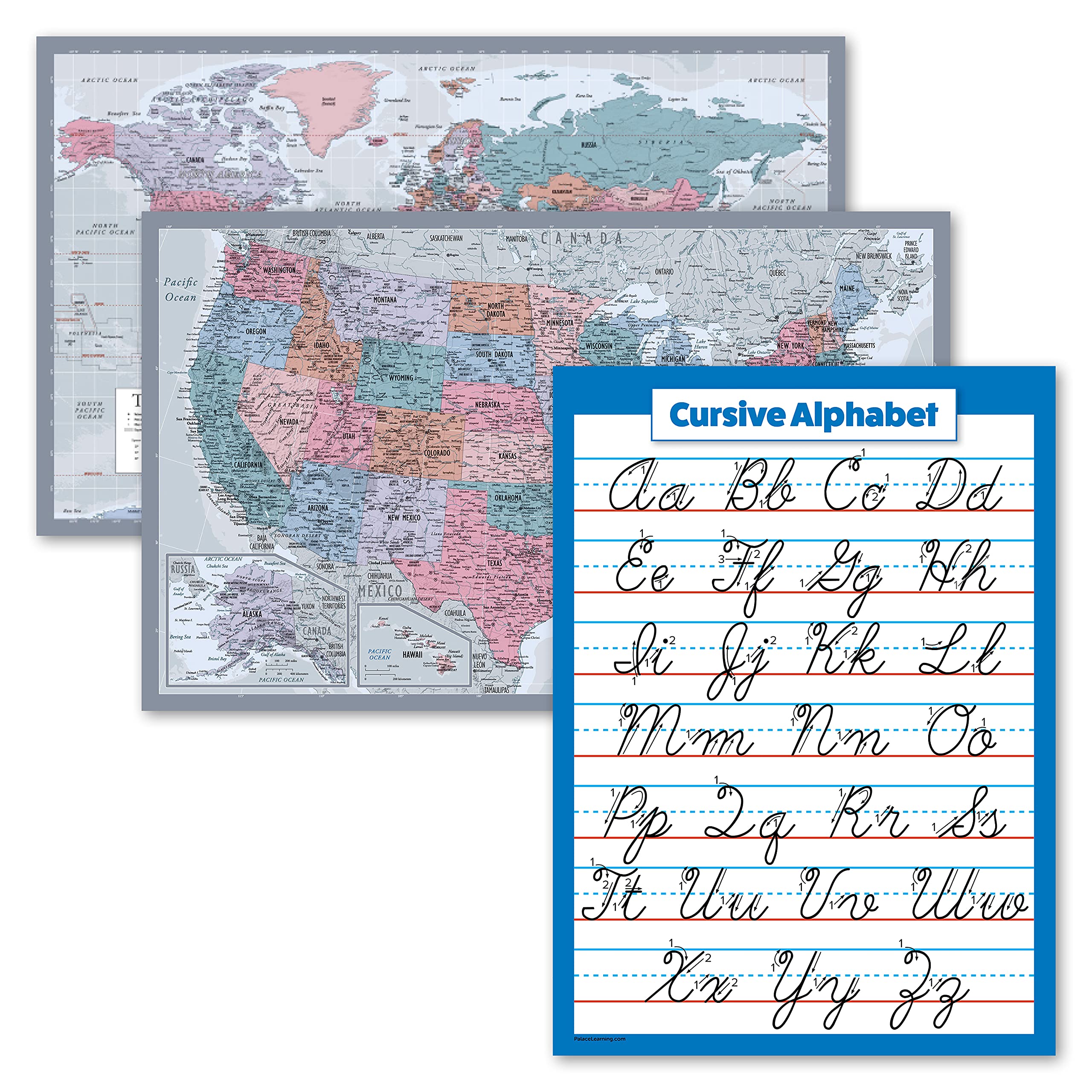 Buy 3 Pack - World & USA Map Chart [Purple] + ABC Alphabet Cursive ...
