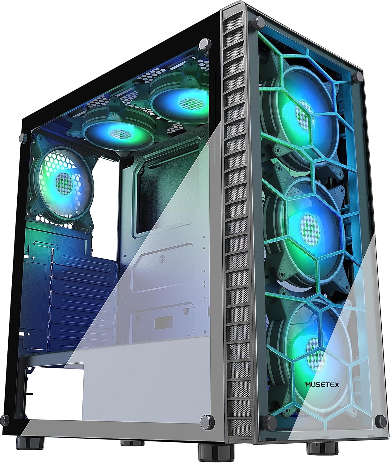 MUSETEX ATX PC Case Pre-Installed 6Pcs 120mm ARGB Fans, Mid-Tower ...