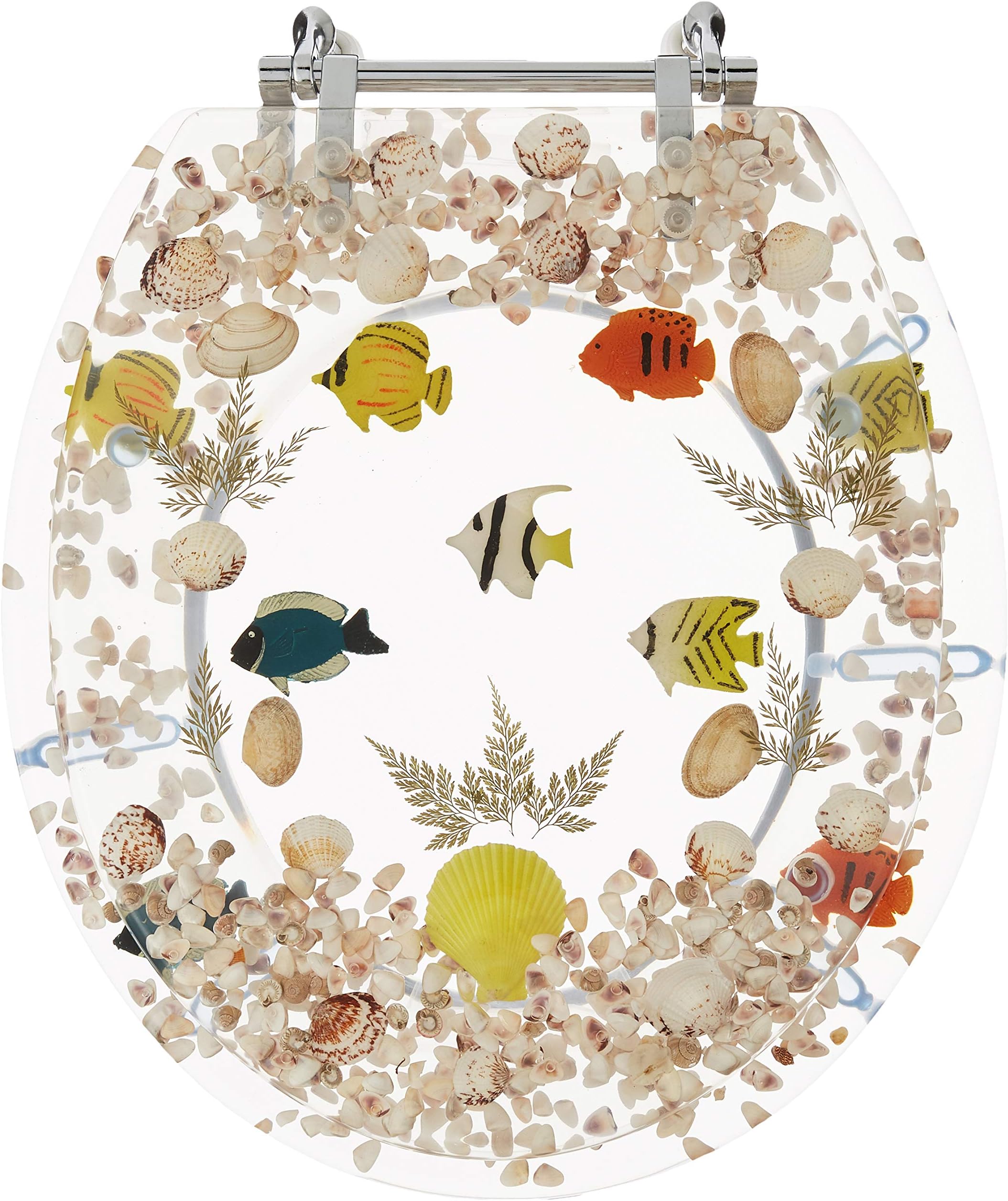 ELONGATED BEIGE SEASHELL and SEAHORSE RESIN TOILET SEAT, CHROME HINGES ...