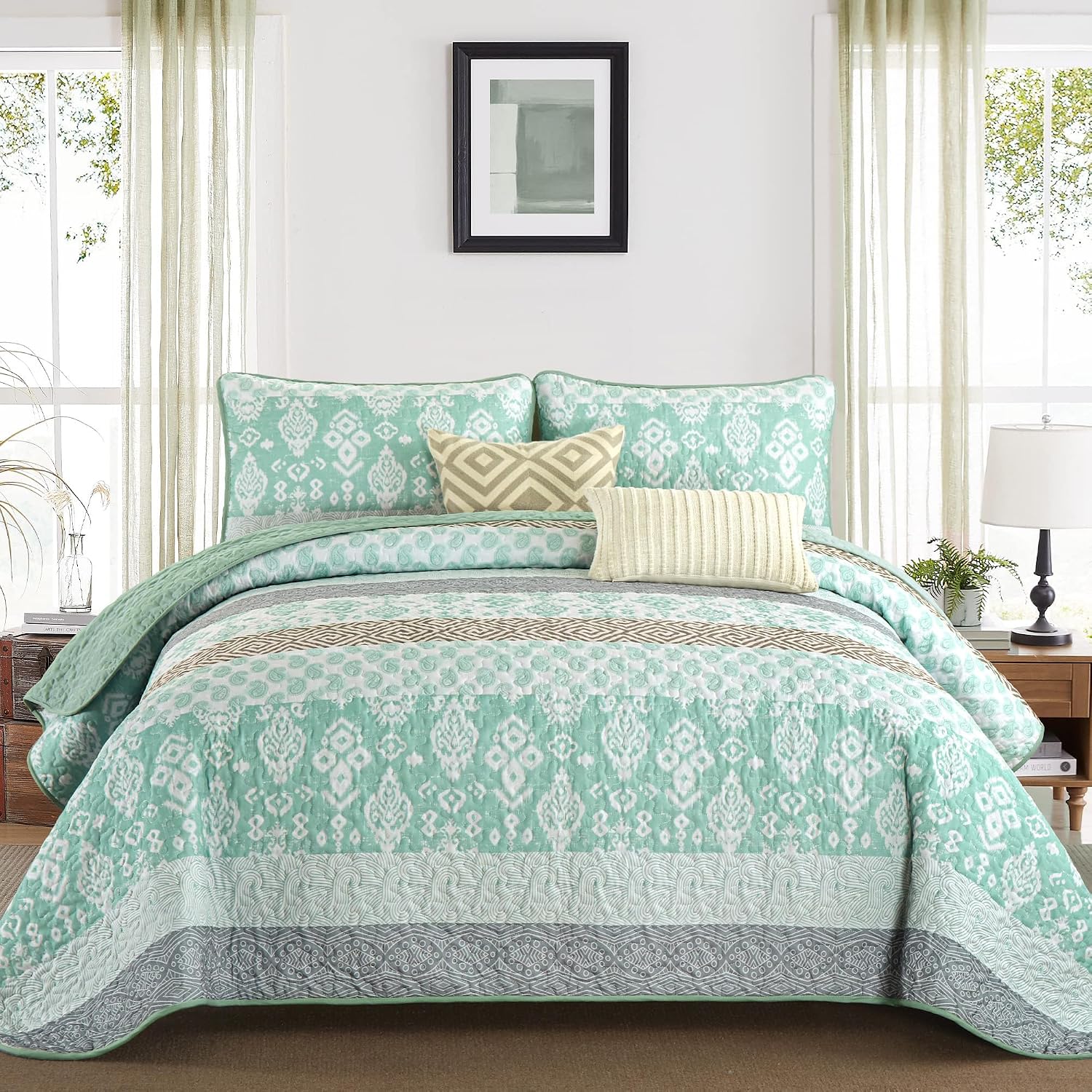 Amazon.com: Mybedsoul Boho Stripe Quilt Set King Size, 3 Pieces Light ...