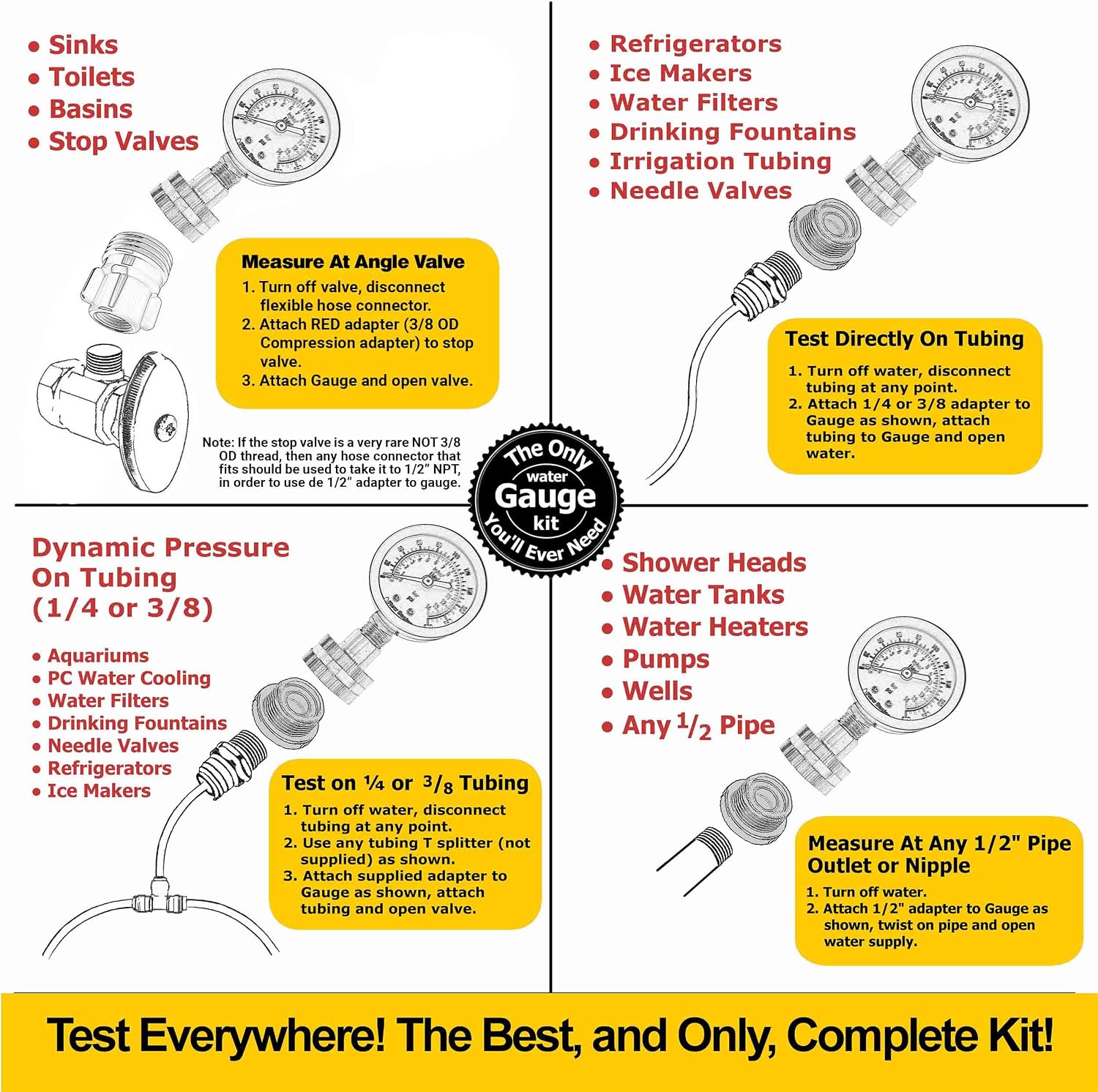 Flow Doctor Water Pressure Gauge Kit, All Purpose, 6 Parts Kit, 0 to ...