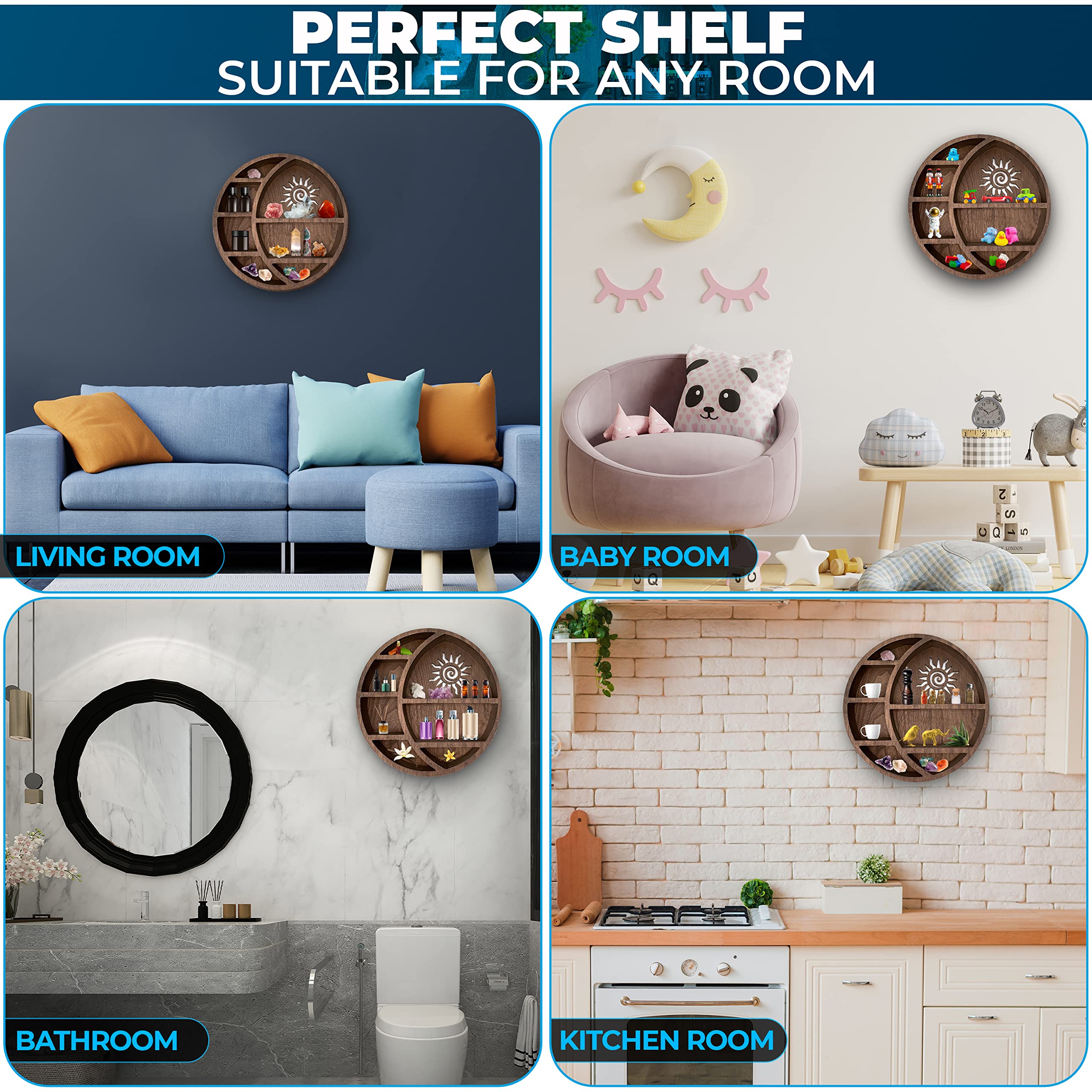 Wooden Crescent Sun Moon Shelf Wall Decor - Decorative Boho Home ...