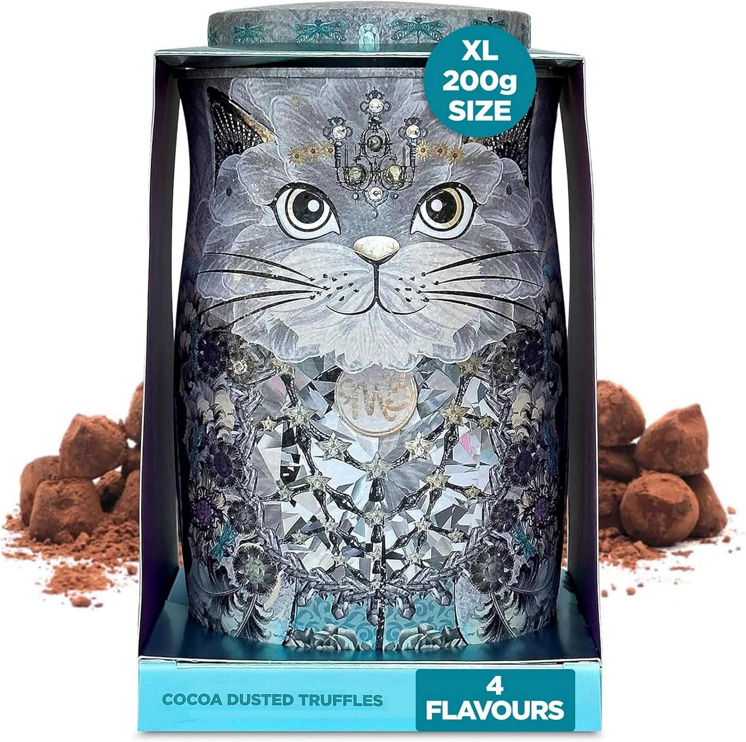 Monty Bojangles Cocoa Dusted Chocolate Truffles Cat Tin (Diamond Empress - 200g) Four Flavours ...