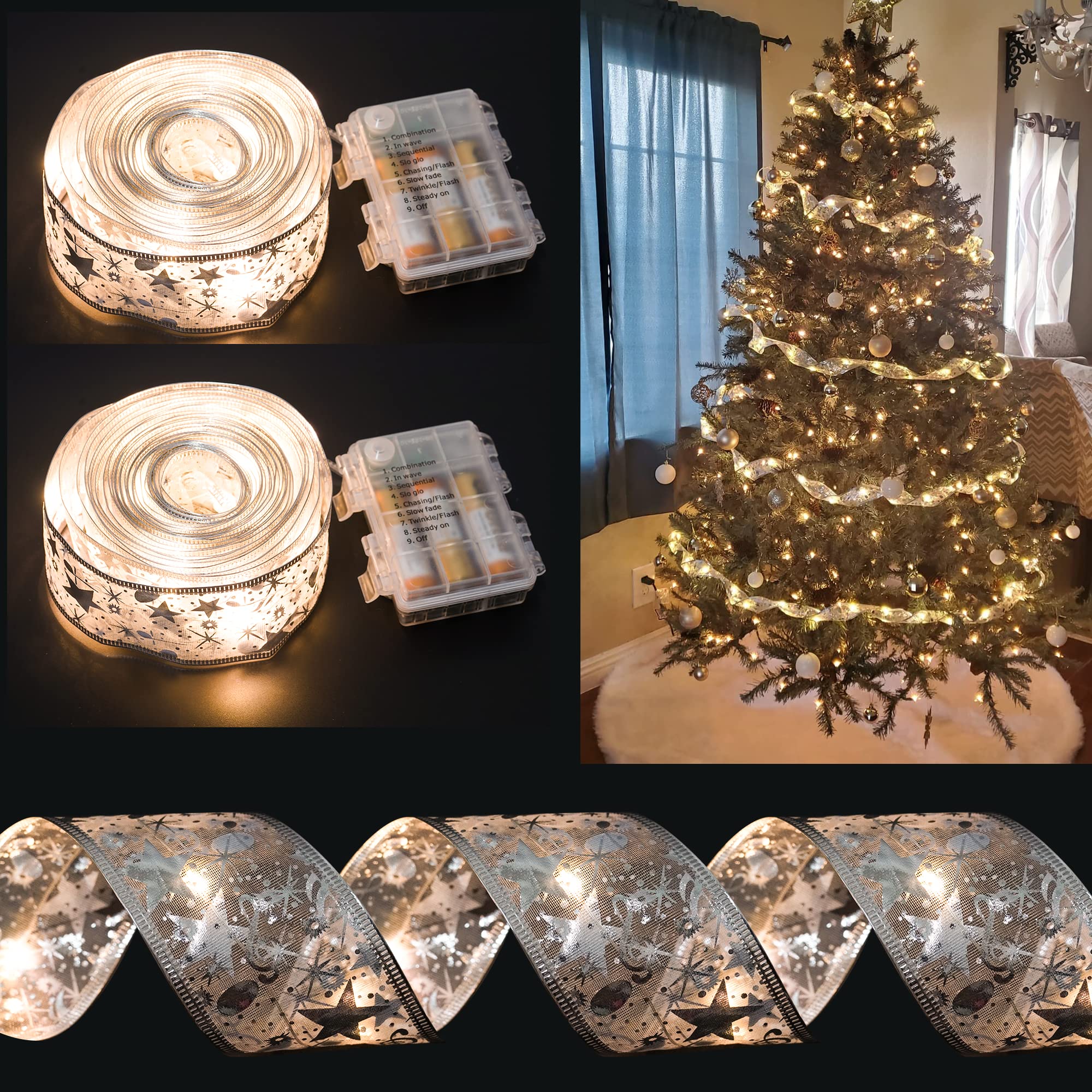 HomeKaren Ribbon Lights for Christmas Tree 32.8Ft with 100 Led, Battery ...