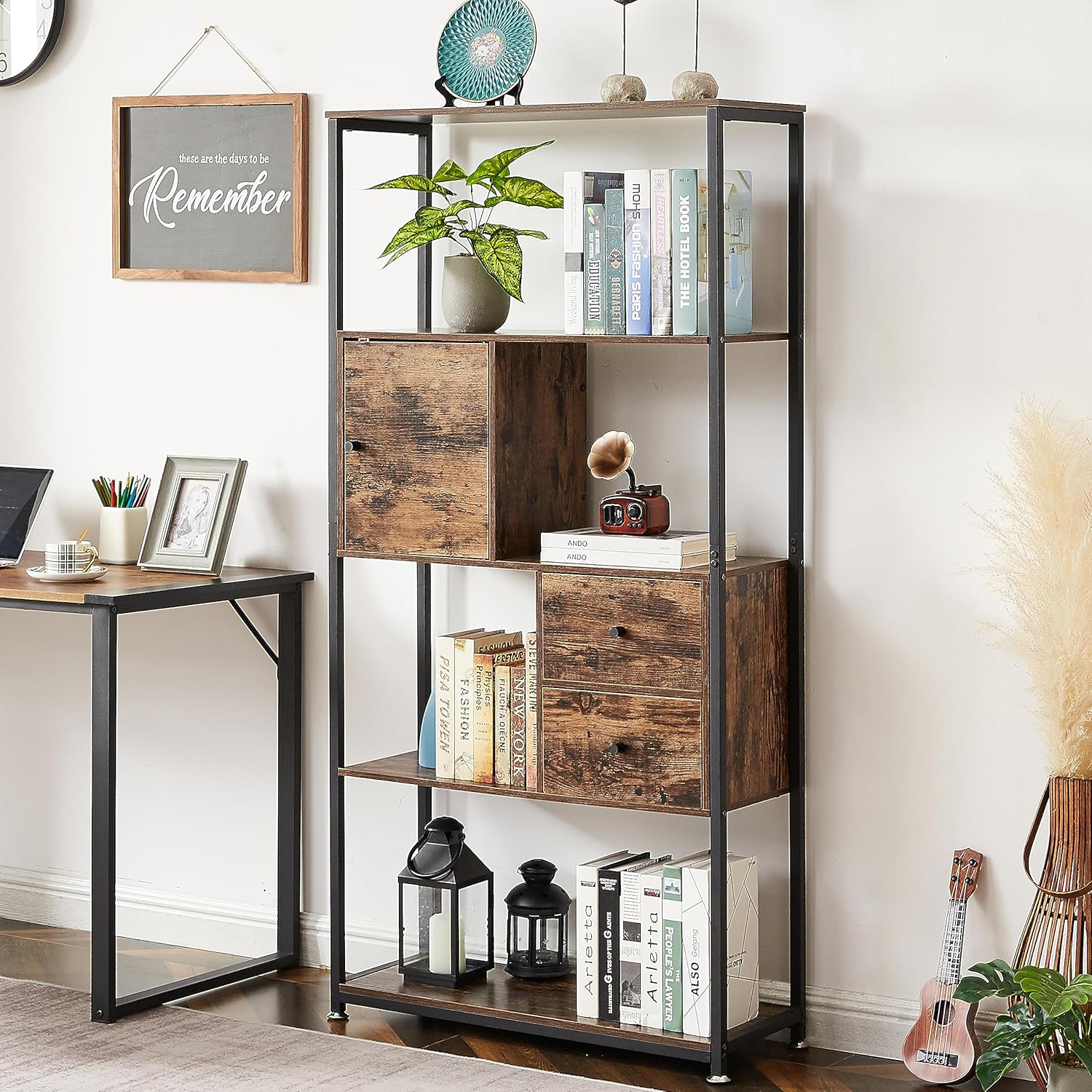 Amazon.com: VECELO Bookshelf,4-Tier Metal Frame Book Shelf,Open Display ...