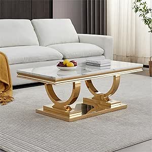 Amazon.com: Marble Coffee Table, 47" White Faux Marble Rectangular Cocktail Tables with Mirrored ...