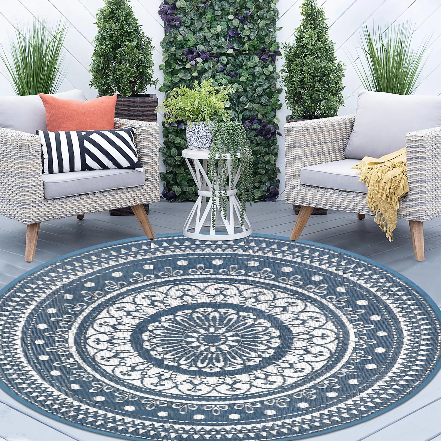 Cekene Round Outdoor Patio Rugs 6Ft Waterproof Reversible Outdoor Rugs ...