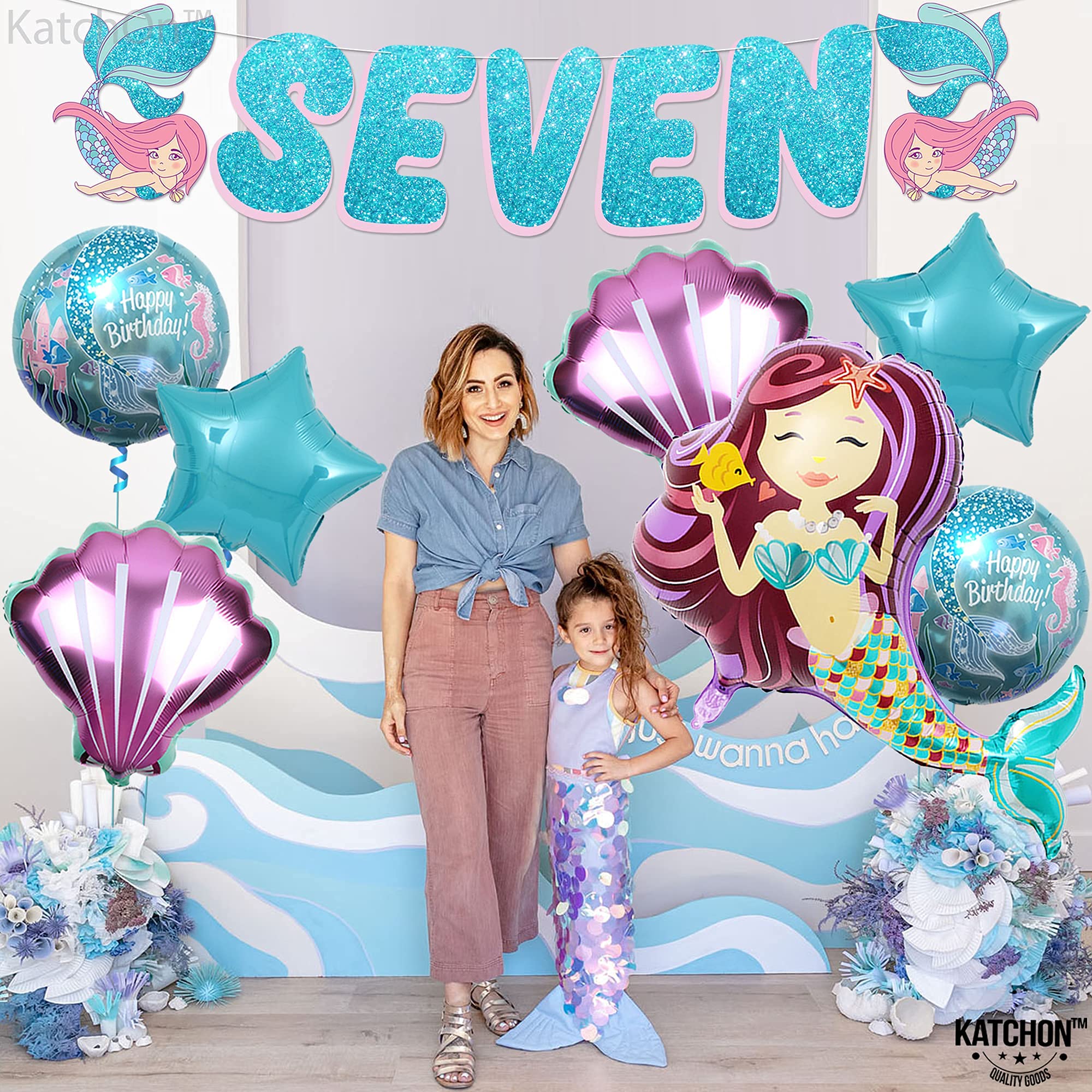 Mermaid 7th Birthday Decorations for Girls - Glitter Seven Banner with ...