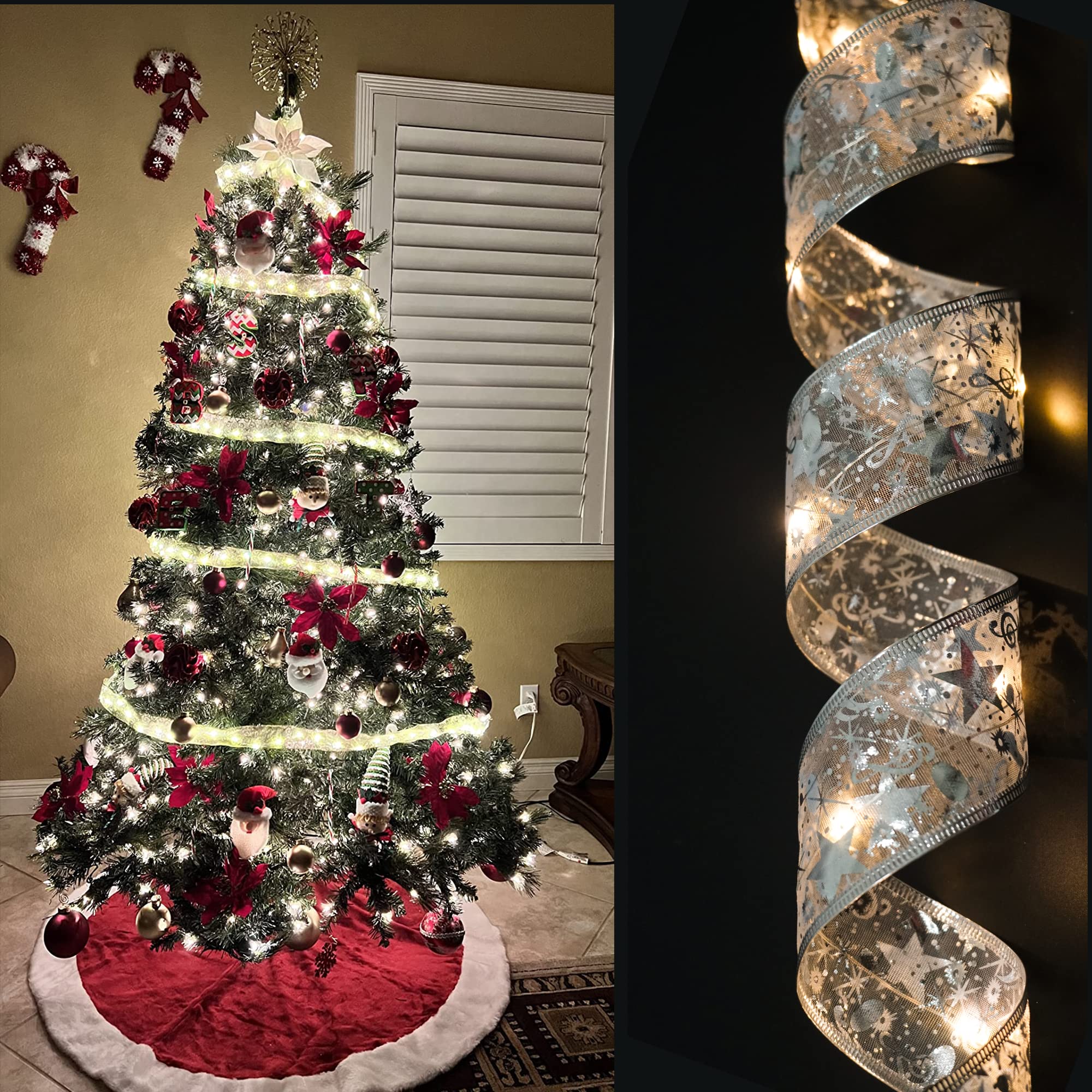 HomeKaren Ribbon Lights for Christmas Tree 32.8Ft with 100 Led, Battery ...