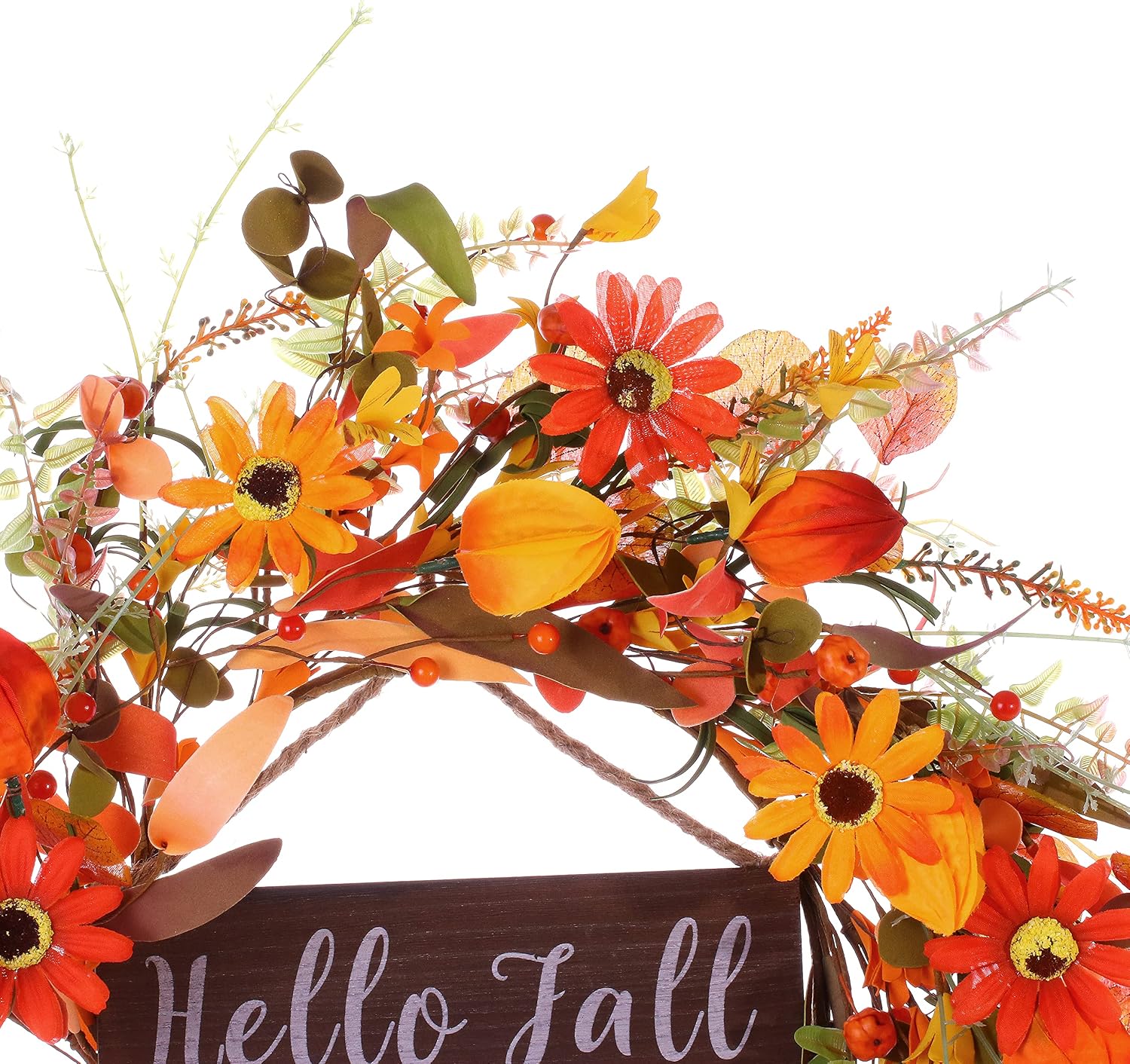 Corona artificial de otoño con letrero de «Hello Fall», corona de otoño ...