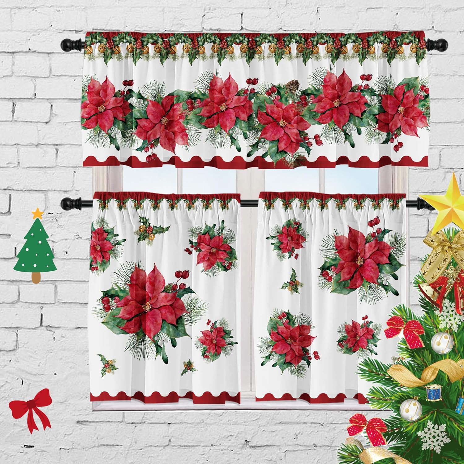 Amazon.com: Cuteiush Christmas Poinsettia Curtain Valances Set, Red and ...
