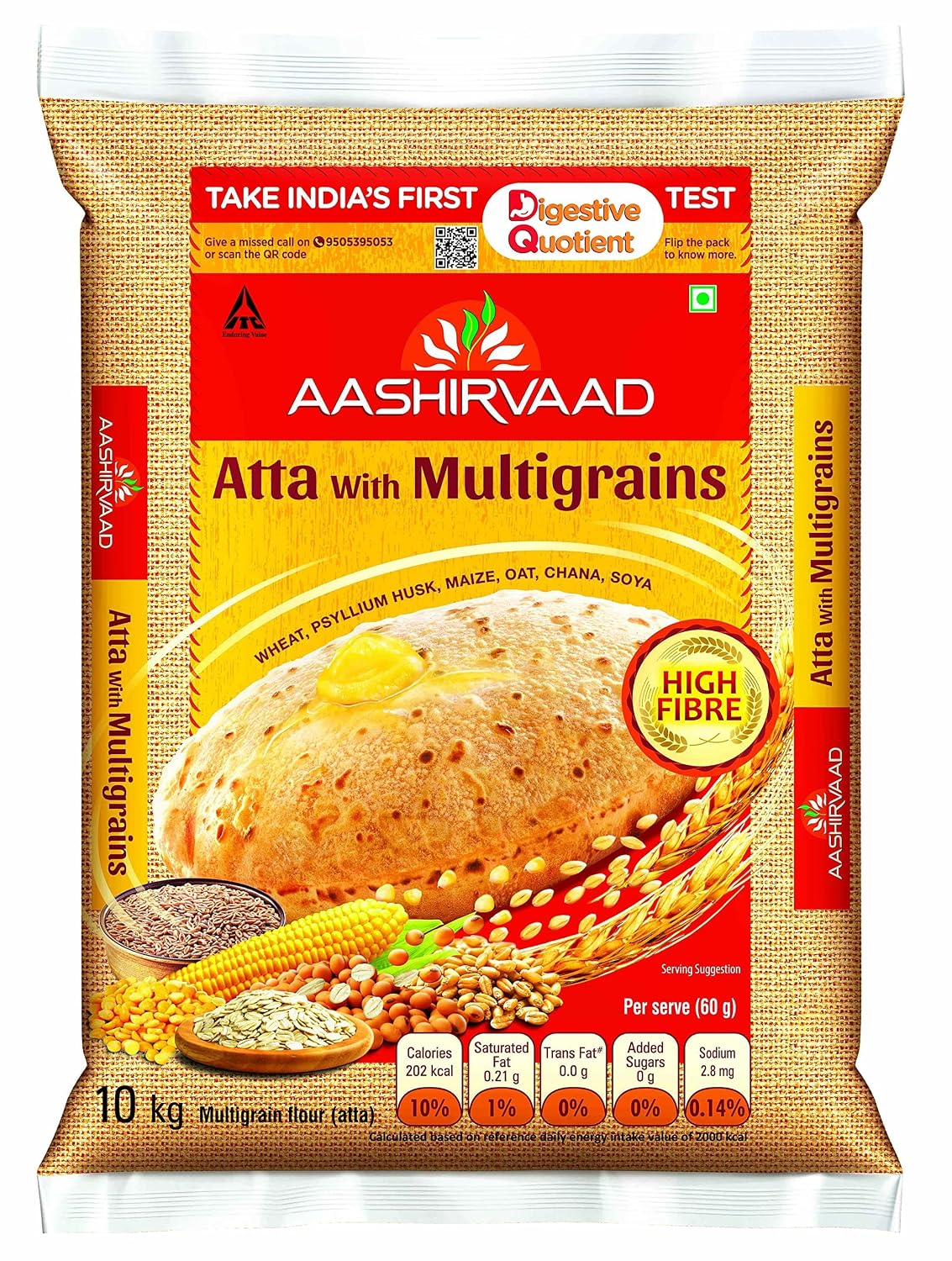 Ashirvaad Atta with Multigrains, 10kg pack, The High Fibre Atta ...