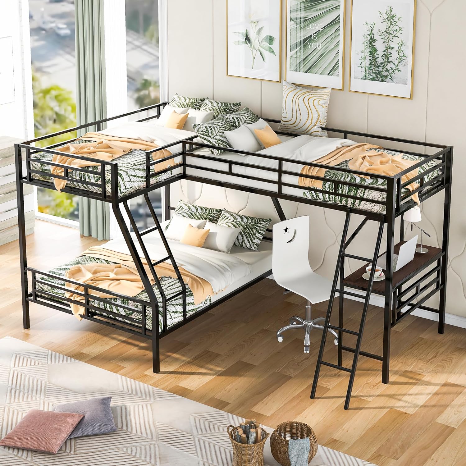 Amazon.com: SOFTSEA Heavy Duty Metal Triple Bunk Bed, L Shaped Triple ...