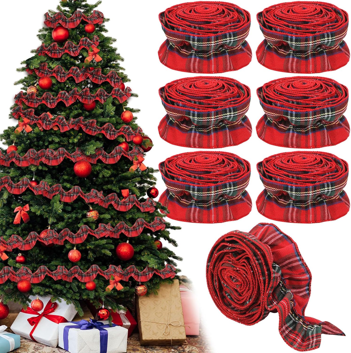 Amazon.com: Norme 6 Rolls Tartan Plaid Christmas Tree Ribbon Garland 18 ...